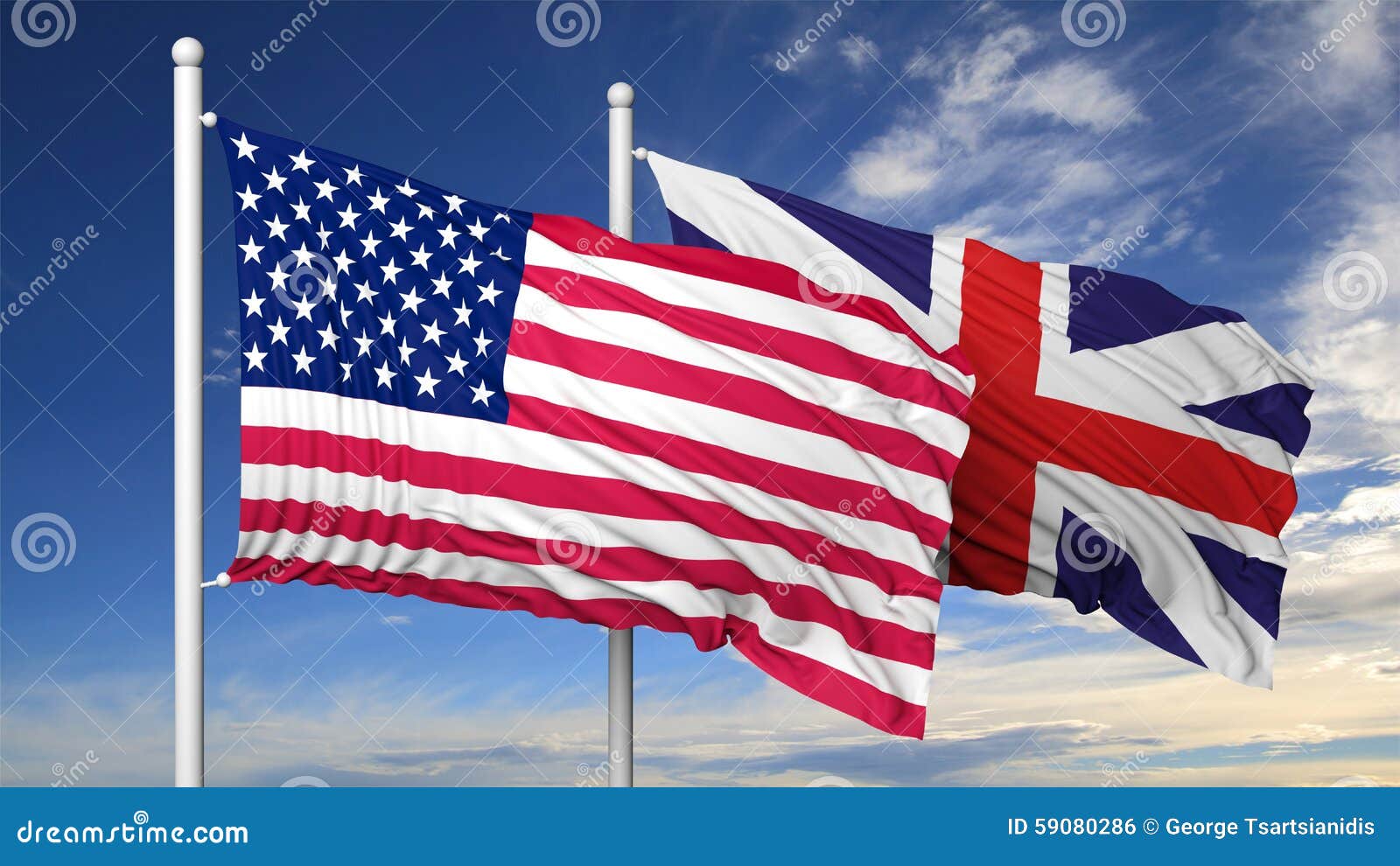 Waving Flags of USA and UK on Flagpole Stock Illustration ...