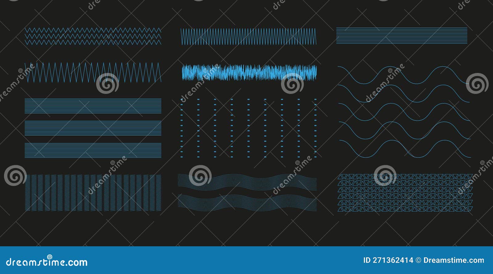 Wavy, Billow (zigzag) Neon Blue Line Element Set. Lines with Waving Effect Different Thin Line ...