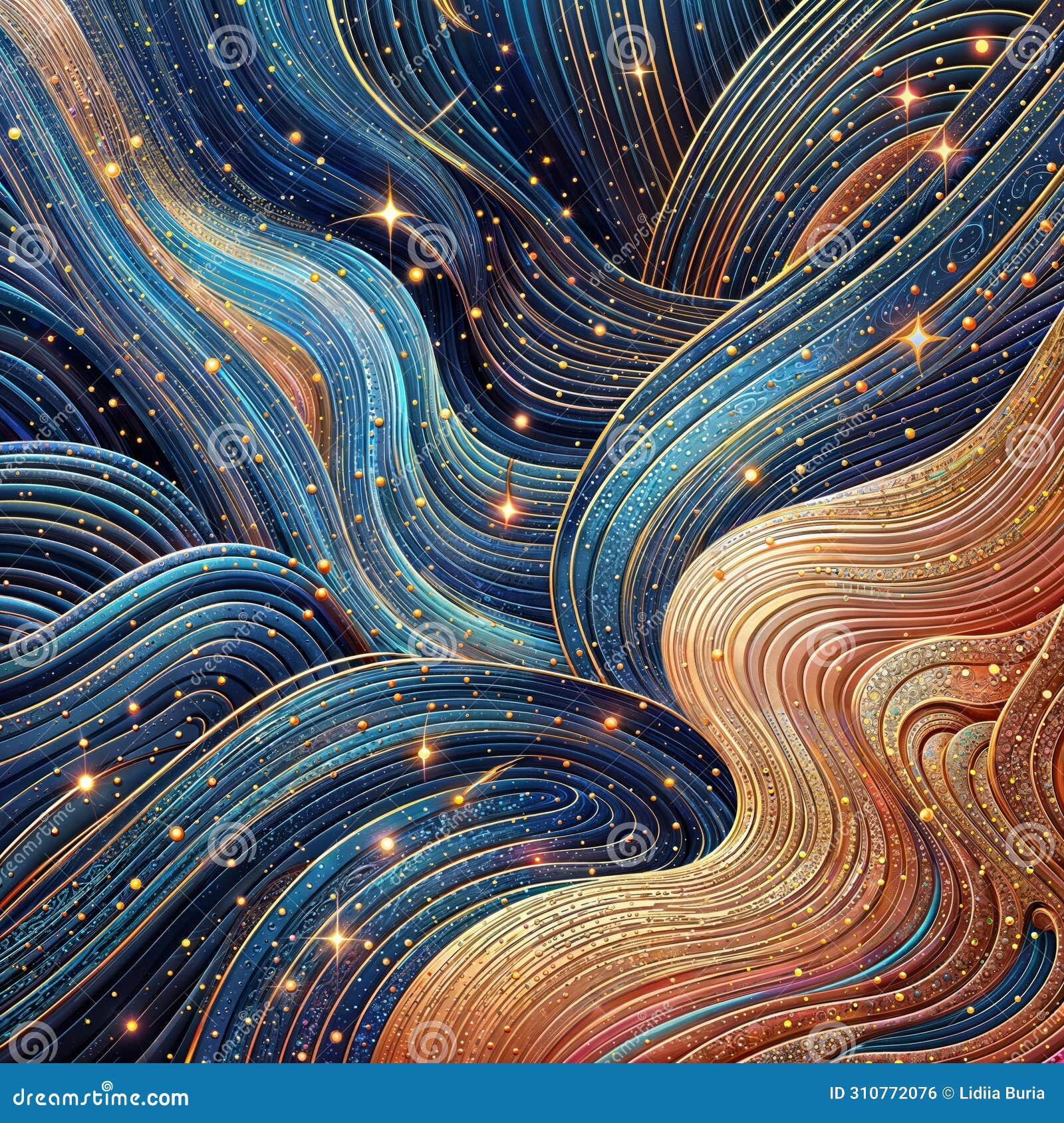 Celestial Waves: Flowing Gold and Blue in a Starry Tide, Generative Ai ...