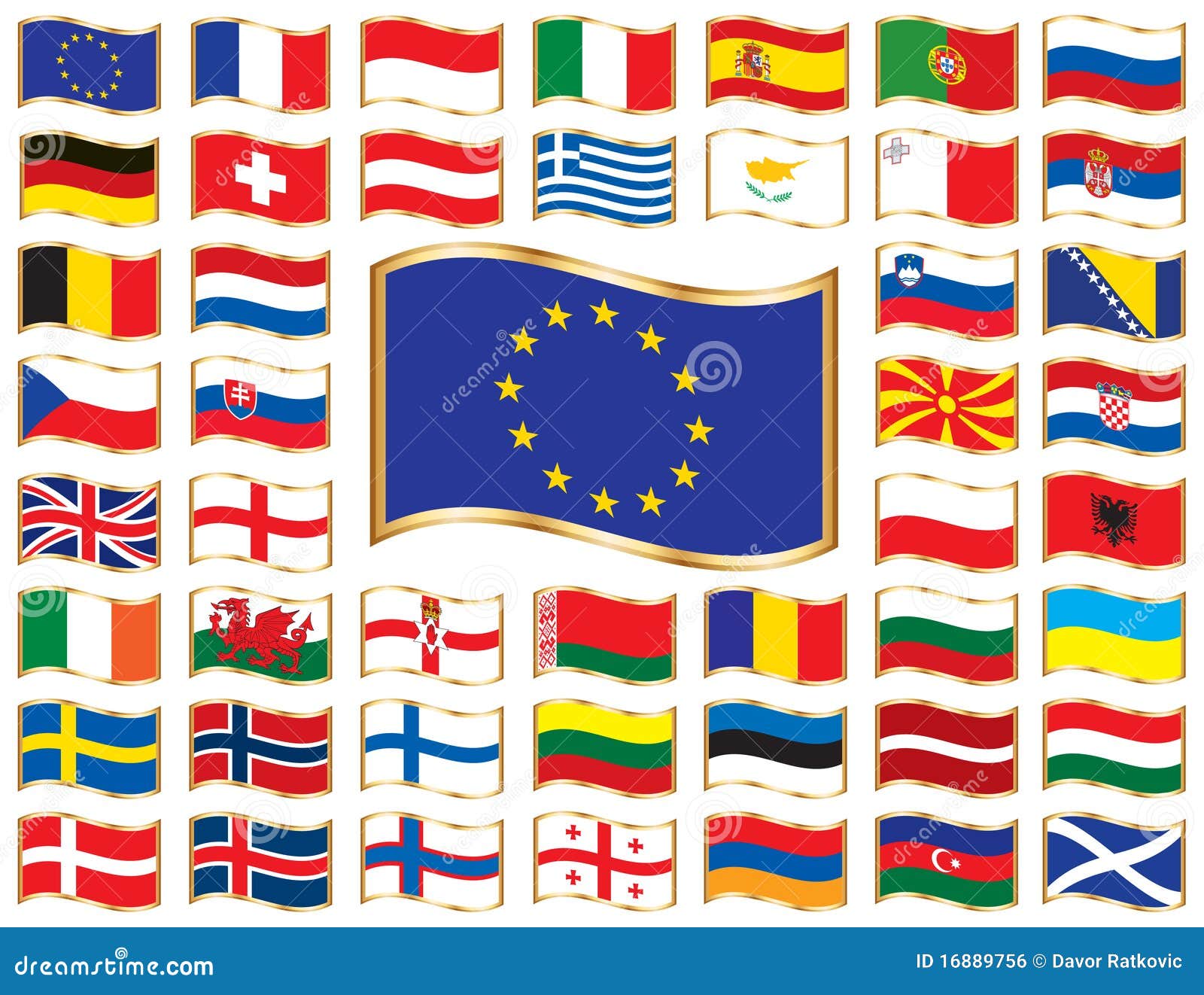 Wavy Flags with Gold Frame - Europe Stock Vector - Illustration of ...