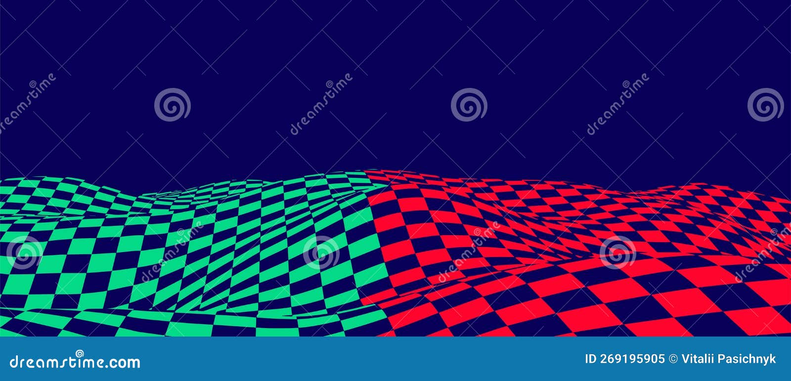 Wavy Green-red Chess Board on Blue Background. Chessboard Concept. Wave ...