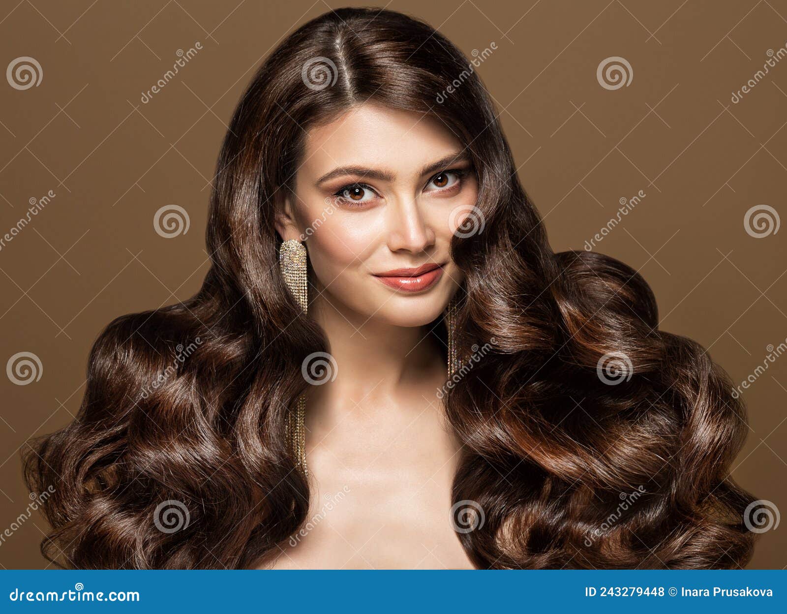 Wavy Hairstyle Model Brunette Woman With Shiny Smooth Hair Curls And