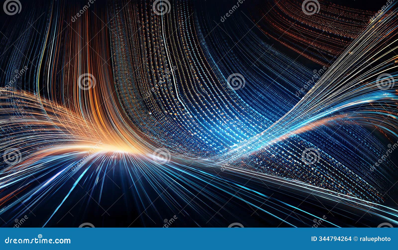 Wavy Lines of Flowing Data and Binary Code Illuminate a Dark Backdrop, Representing the Movement ...