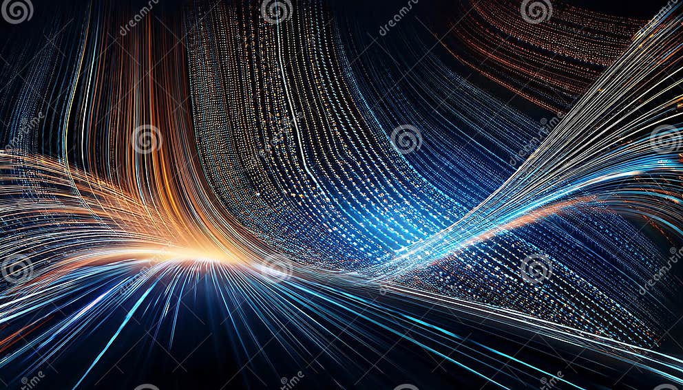 Wavy Lines of Flowing Data and Binary Code Illuminate a Dark Backdrop ...
