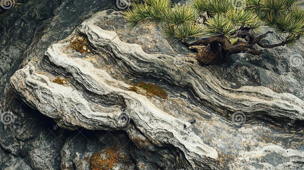 Wavy Rock Formation with Evergreen Branches Stock Illustration ...