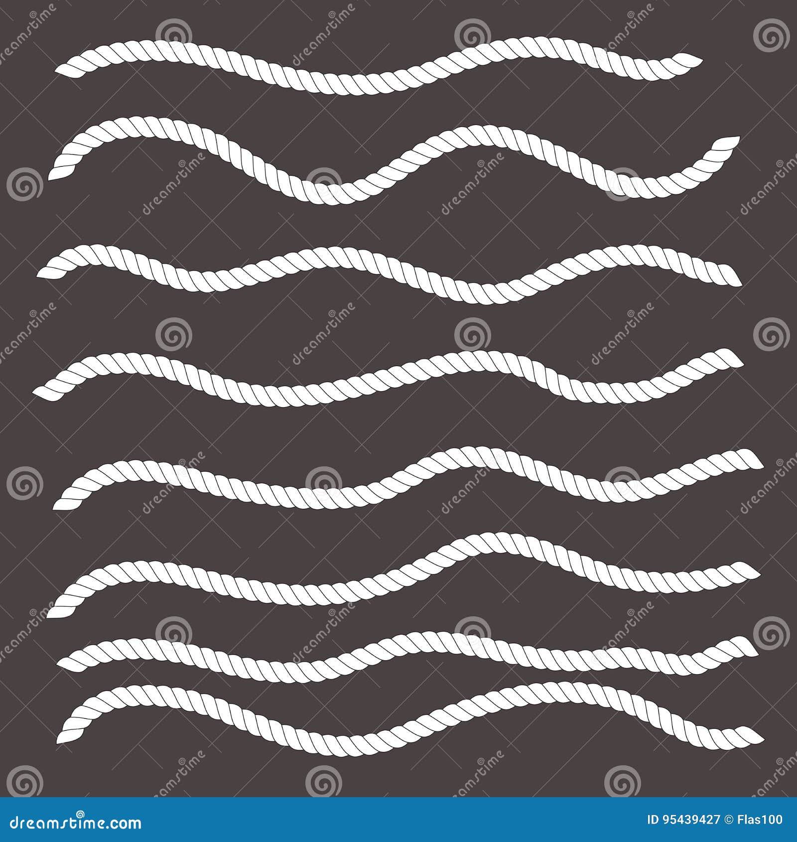 Wavy Shapes Horizontal White Ropes on Black Background. Stock Vector ...