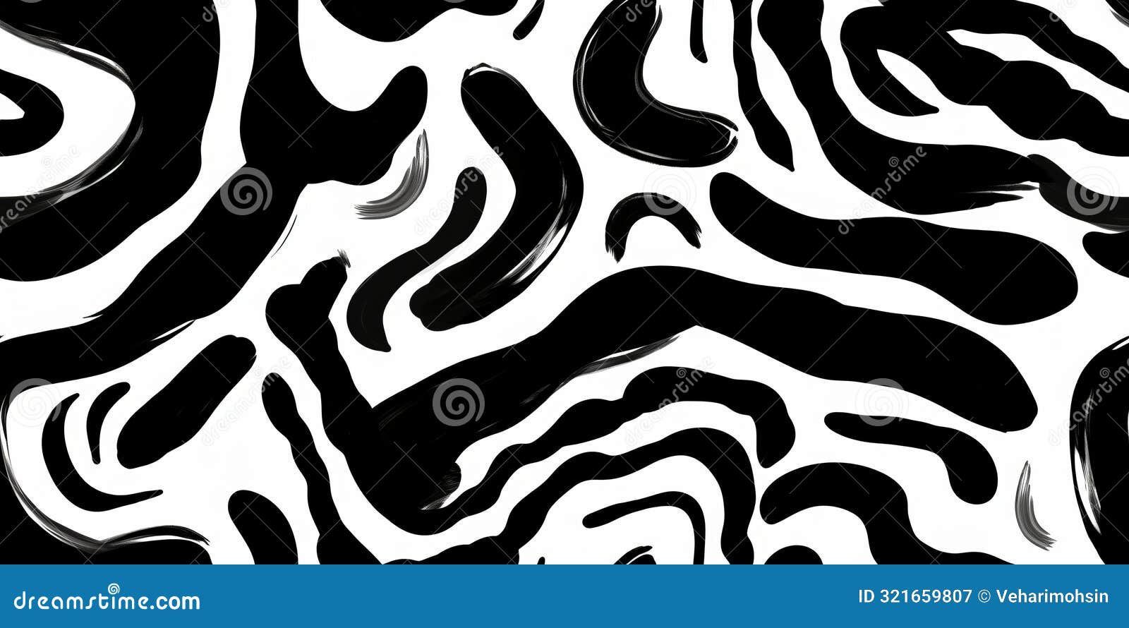 Wavy and Swirled Brush Strokes Vector Seamless Pattern. Black Paint ...