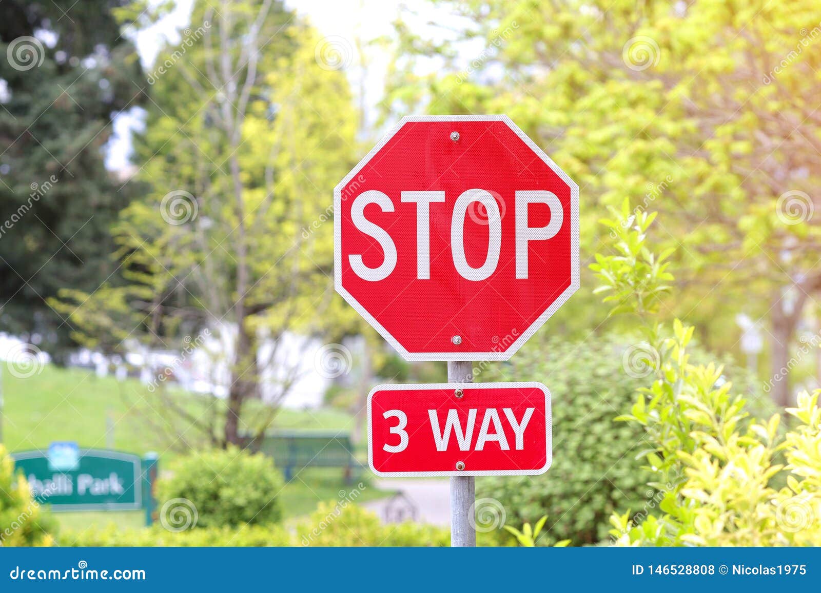 3-way stop sign city park stock photo. Image of bikes - 146528808