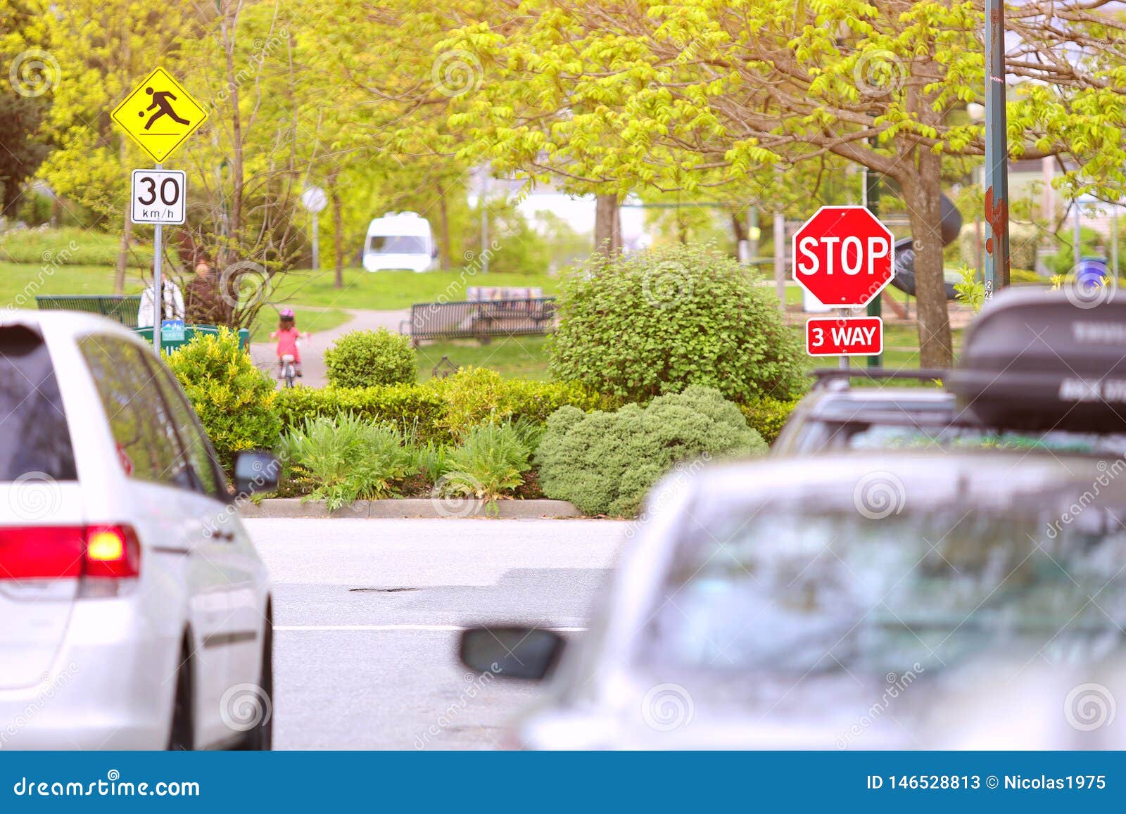 3-way stop sign city park stock image. Image of park - 146528813