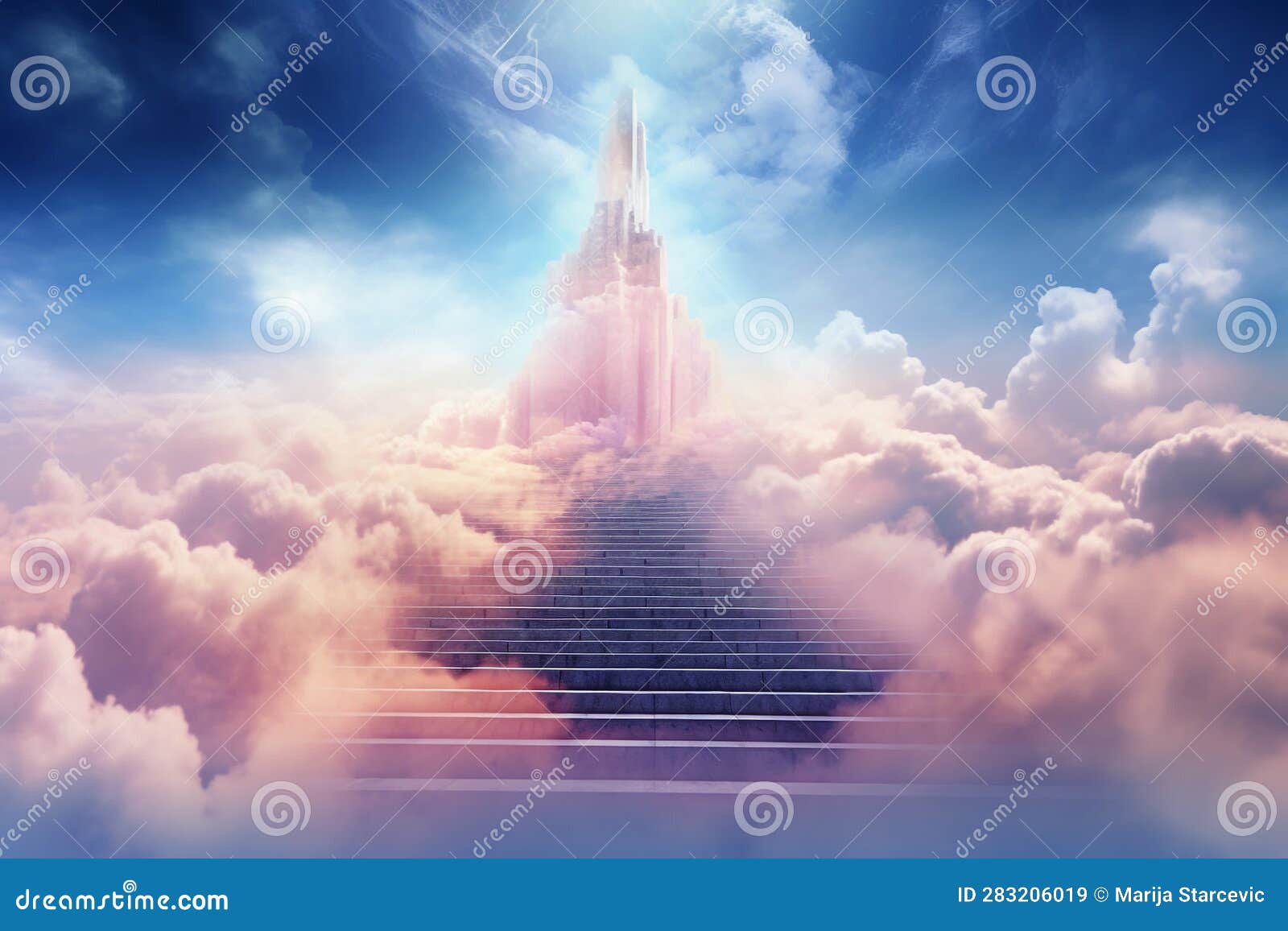 Stairs To Heaven Blue Sky And Clouds 3D Illustration. Stock Photography ...