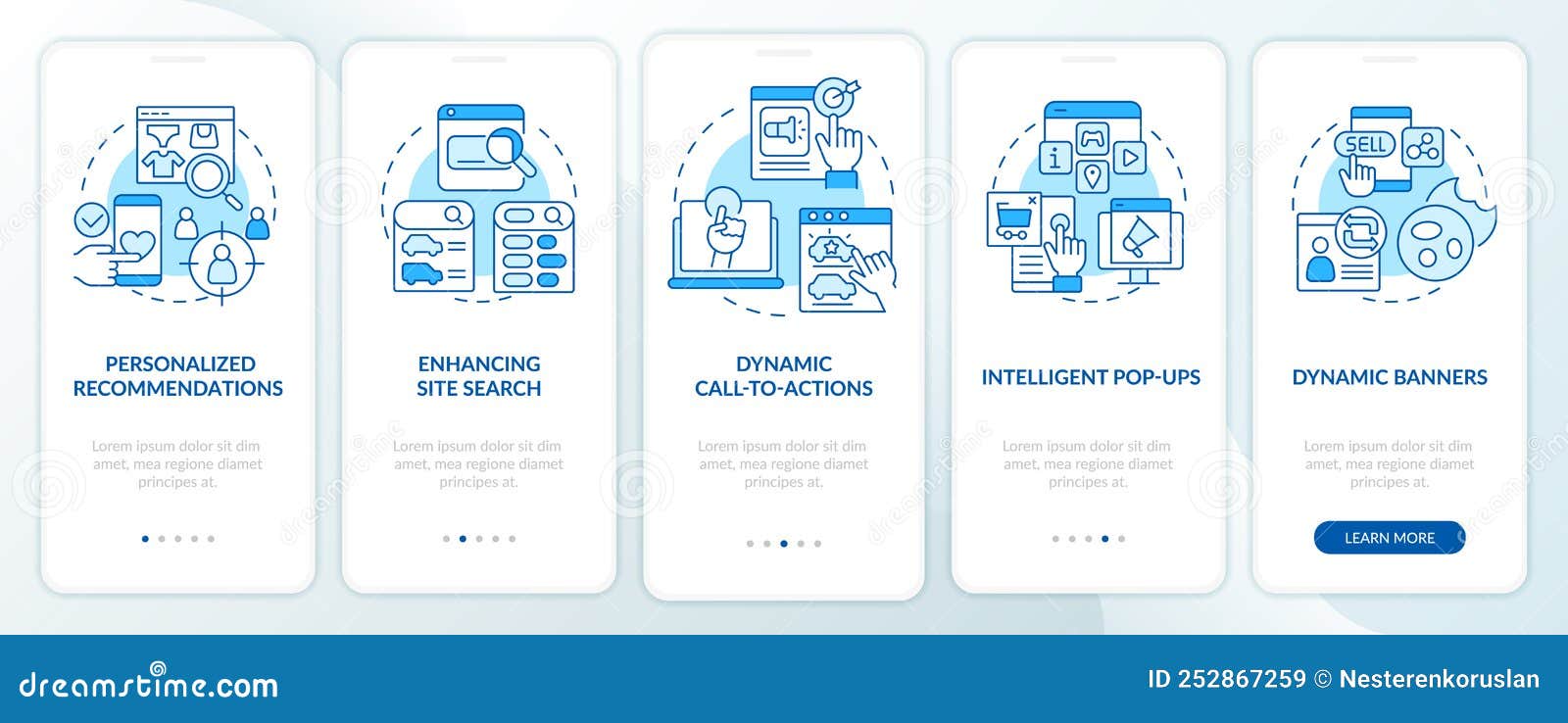 Ways To Use Dynamic Content Blue Onboarding Mobile App Screen Stock ...