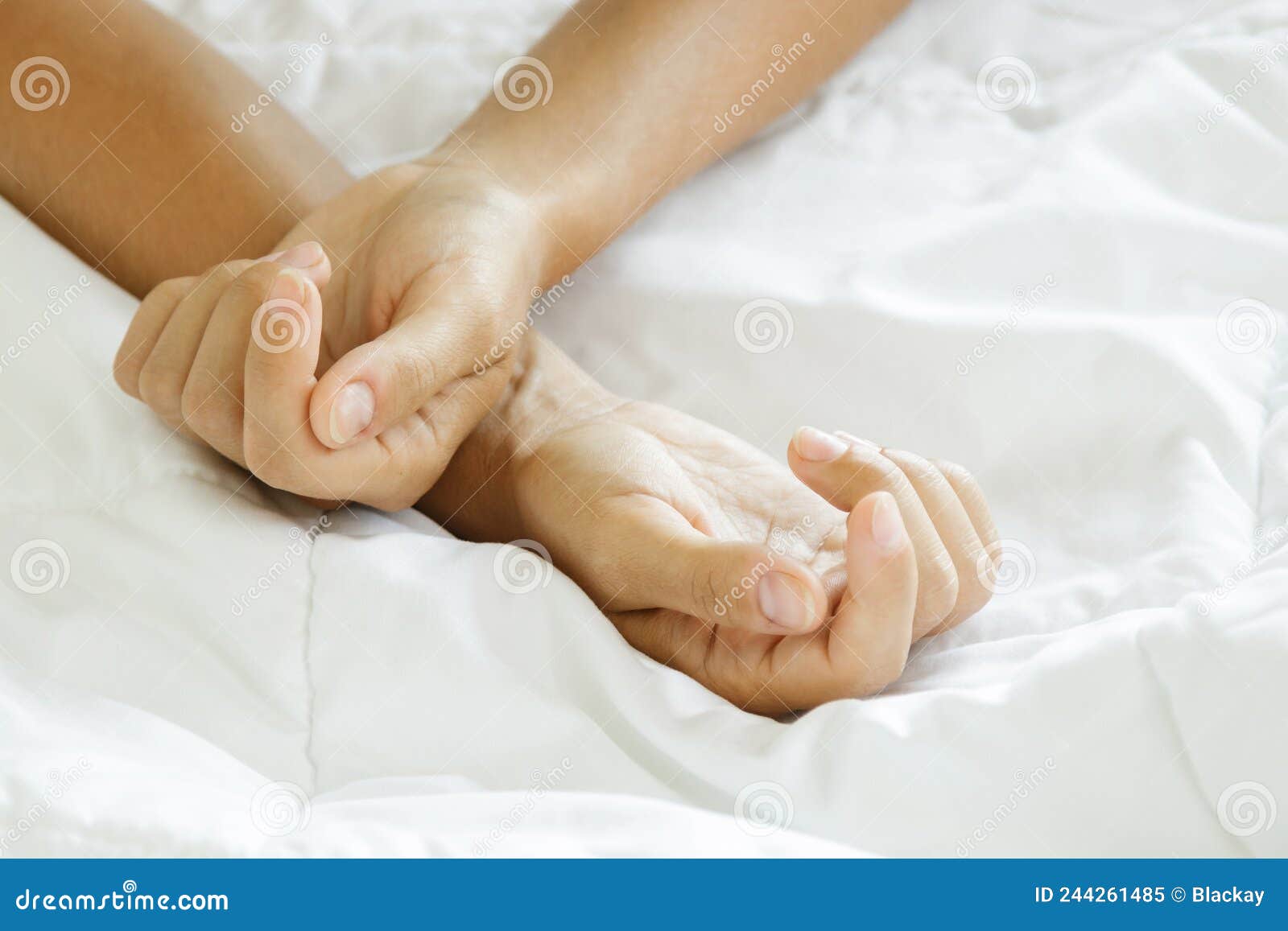 Weak Female Palms on the Bed Linen Stock Image - Image of melancholy ...
