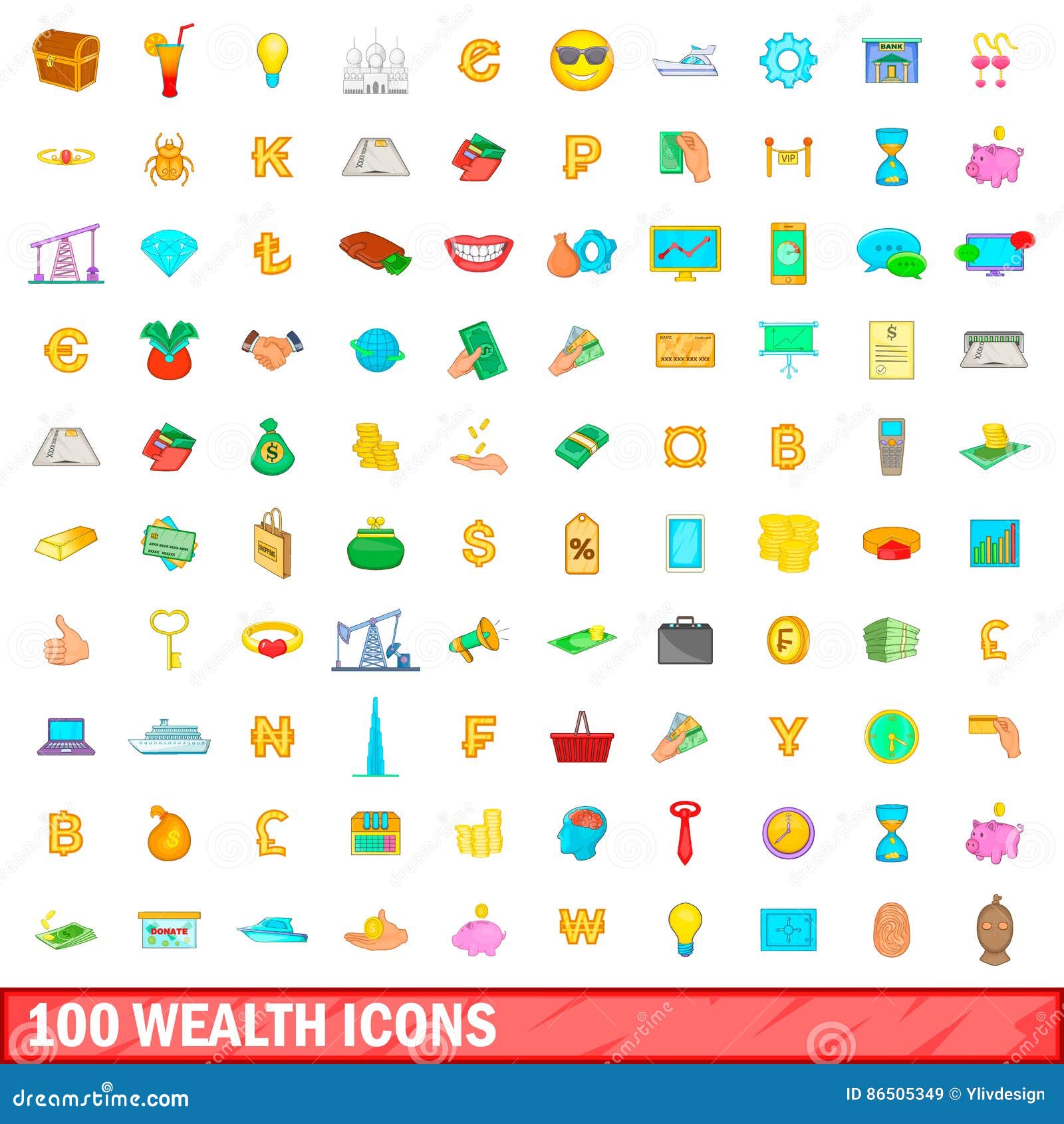 100 Wealth Icons Set, Cartoon Style Stock Vector - Illustration of ...