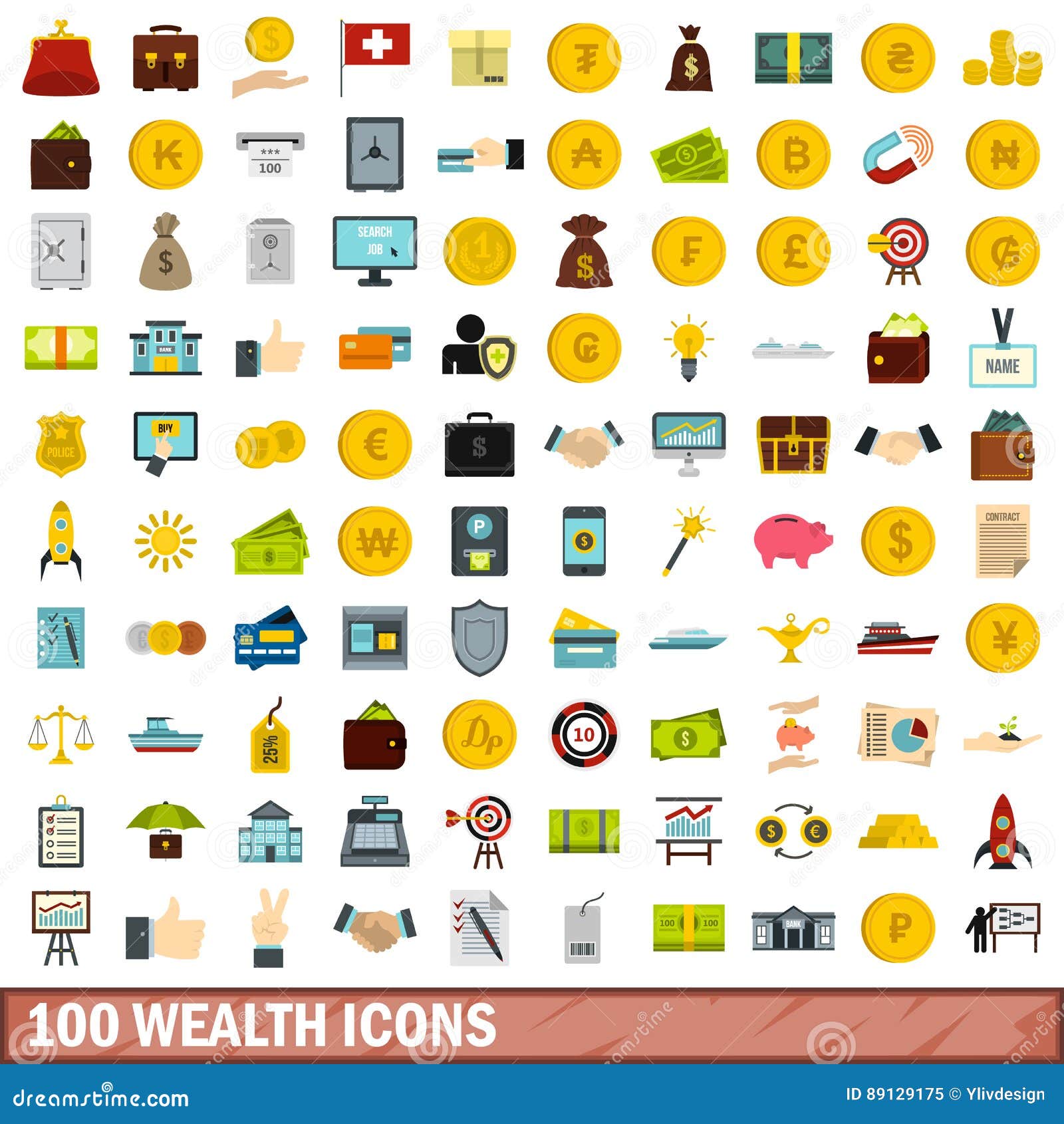 100 Wealth Icons Set, Flat Style Stock Vector - Illustration of magic ...