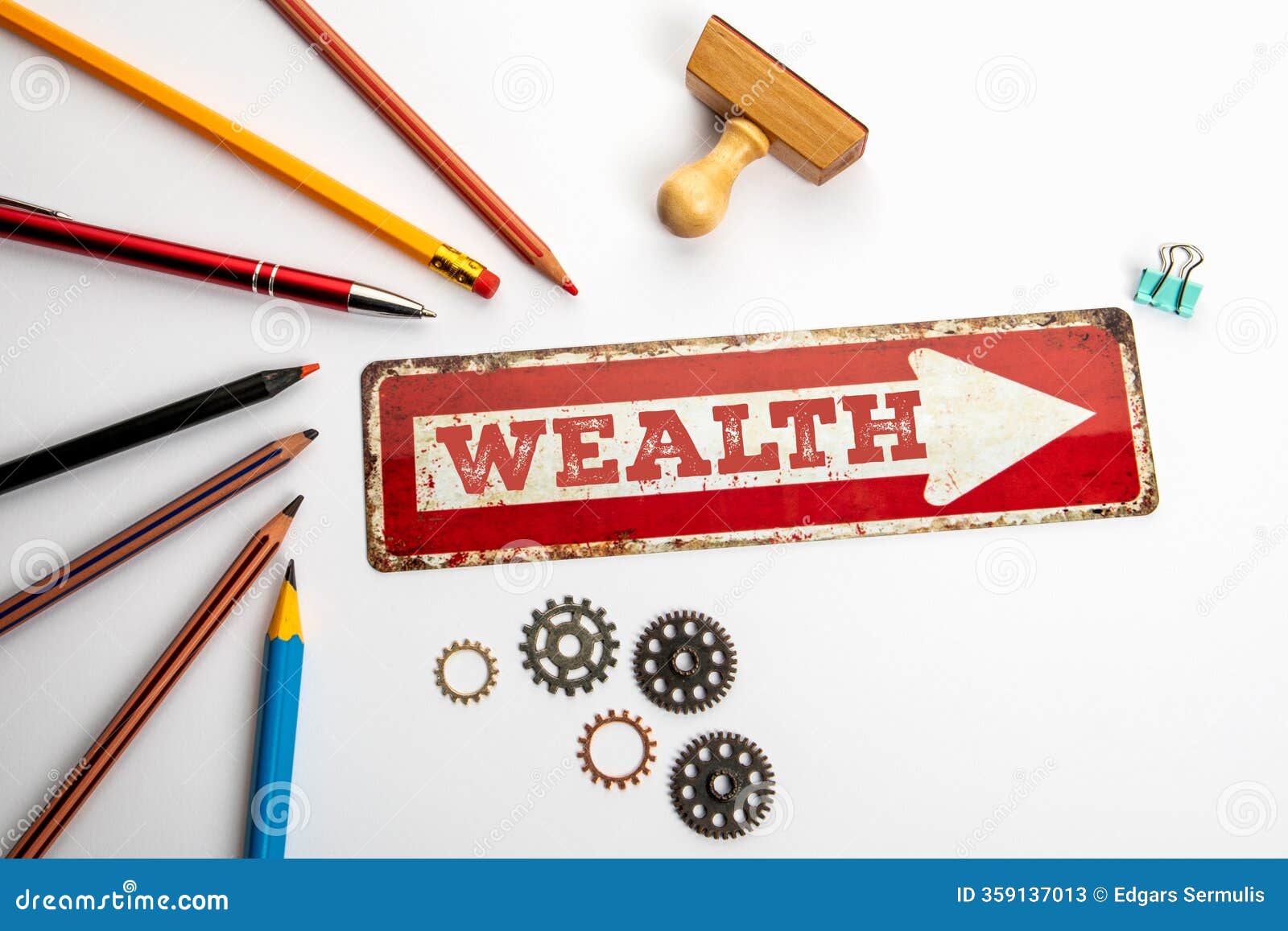 Wealth. Red Direction Arrow with Text on White Office Desk Stock Image ...