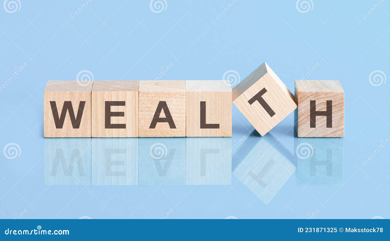Wealth Sign Made of Blocks on a Table with a Reflective Surface, Blue ...