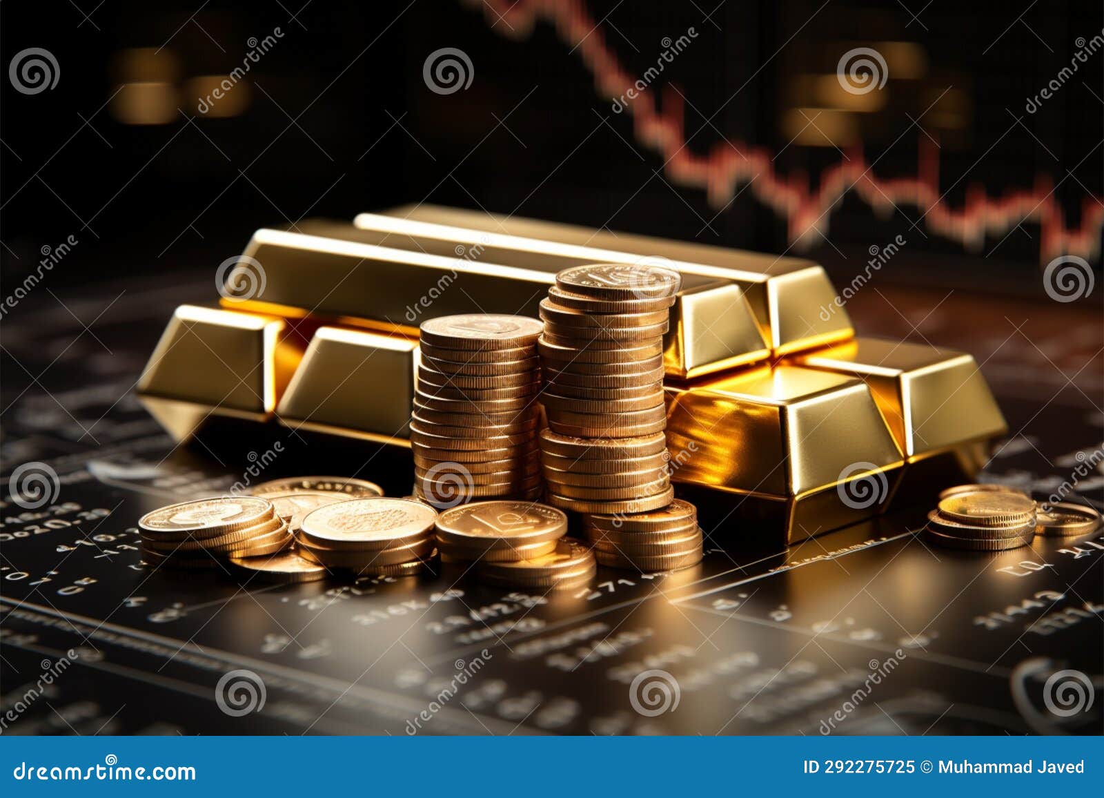 Wealth Visualization: Gold Bars, Coins, Against Financial Chart ...
