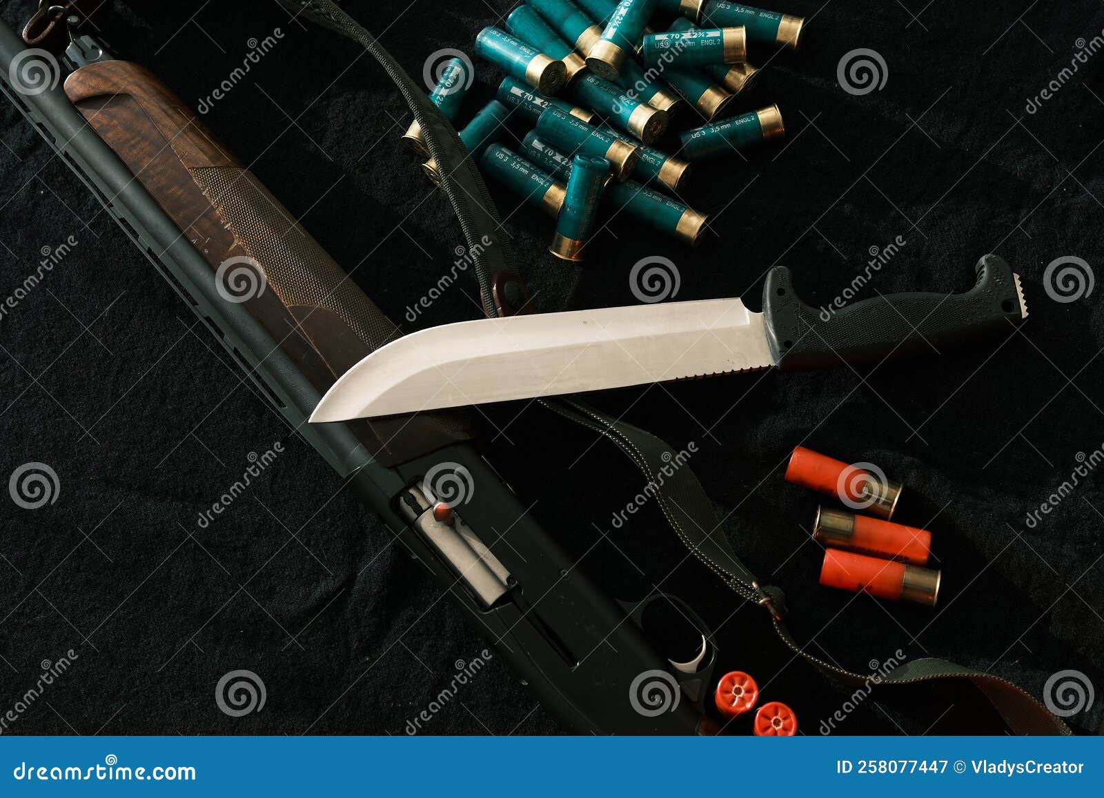 Weapon on Black Cloth: Knife, Rifle, Shells,top View. Top View of Knife ...