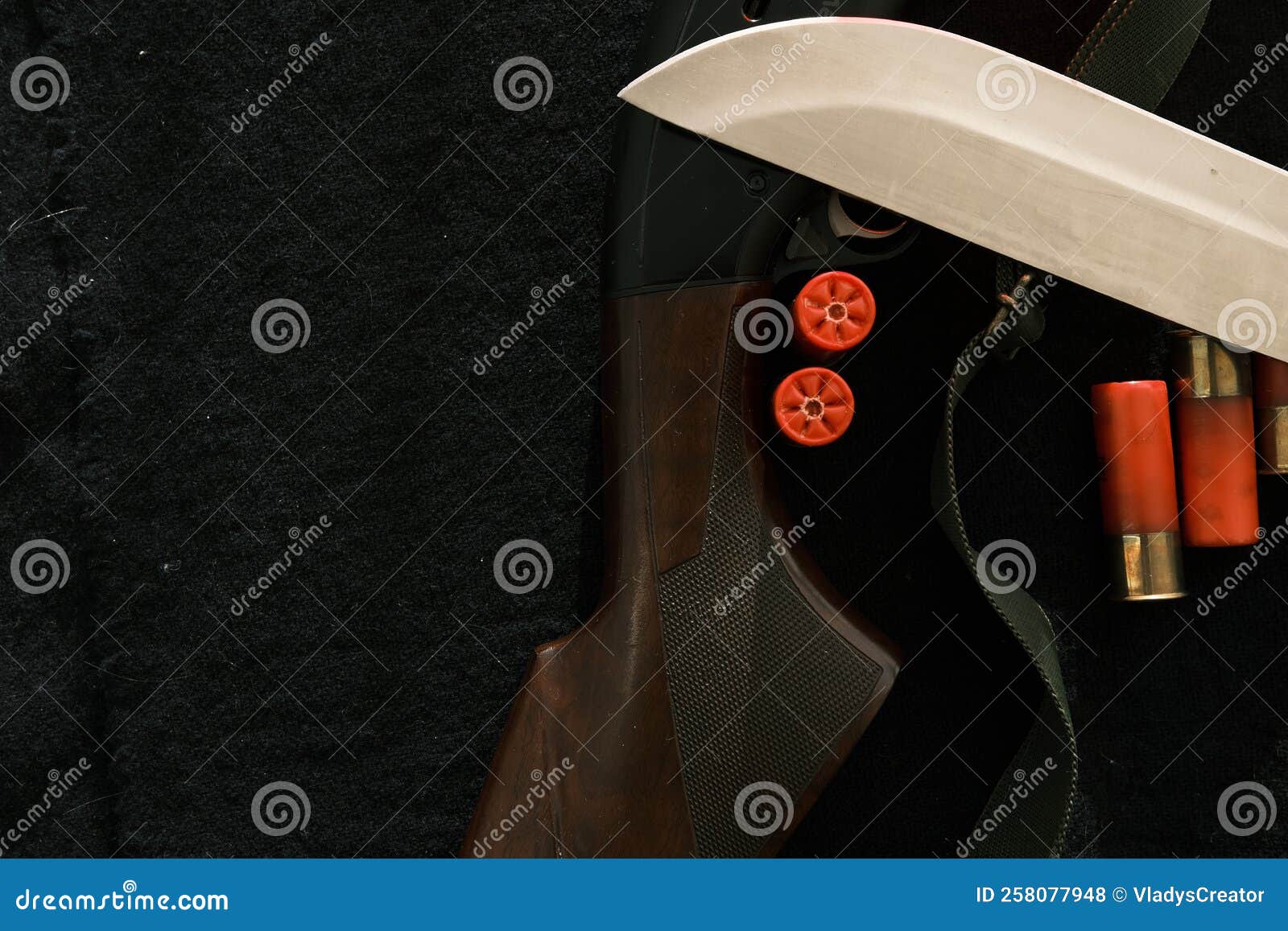Weapon on Black Cloth: Knife, Rifle, Shells,top View. Top View of Knife ...
