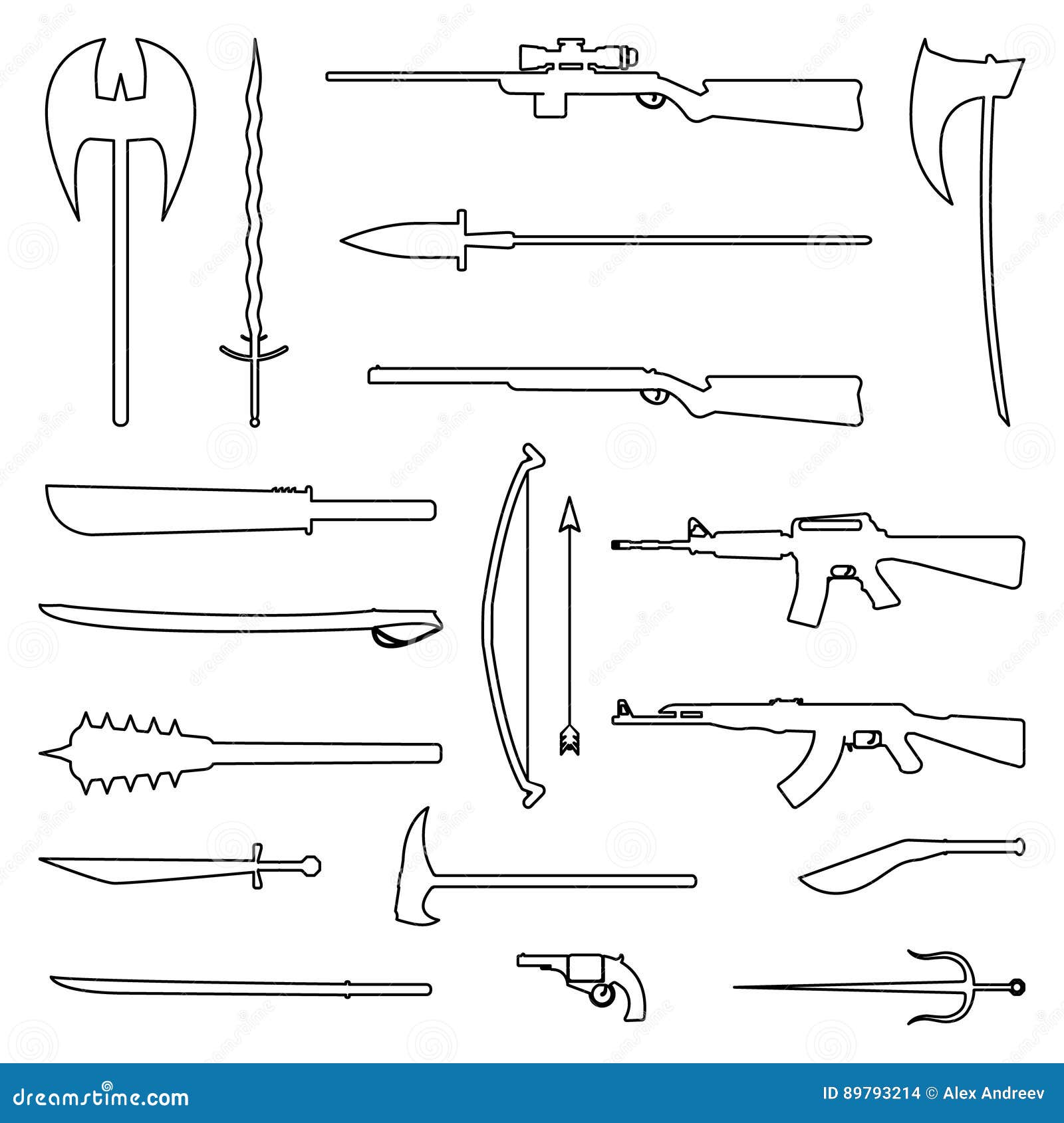 18 Weapon Outline Icon. Medieval and Modern. Flat Vector Illustration ...