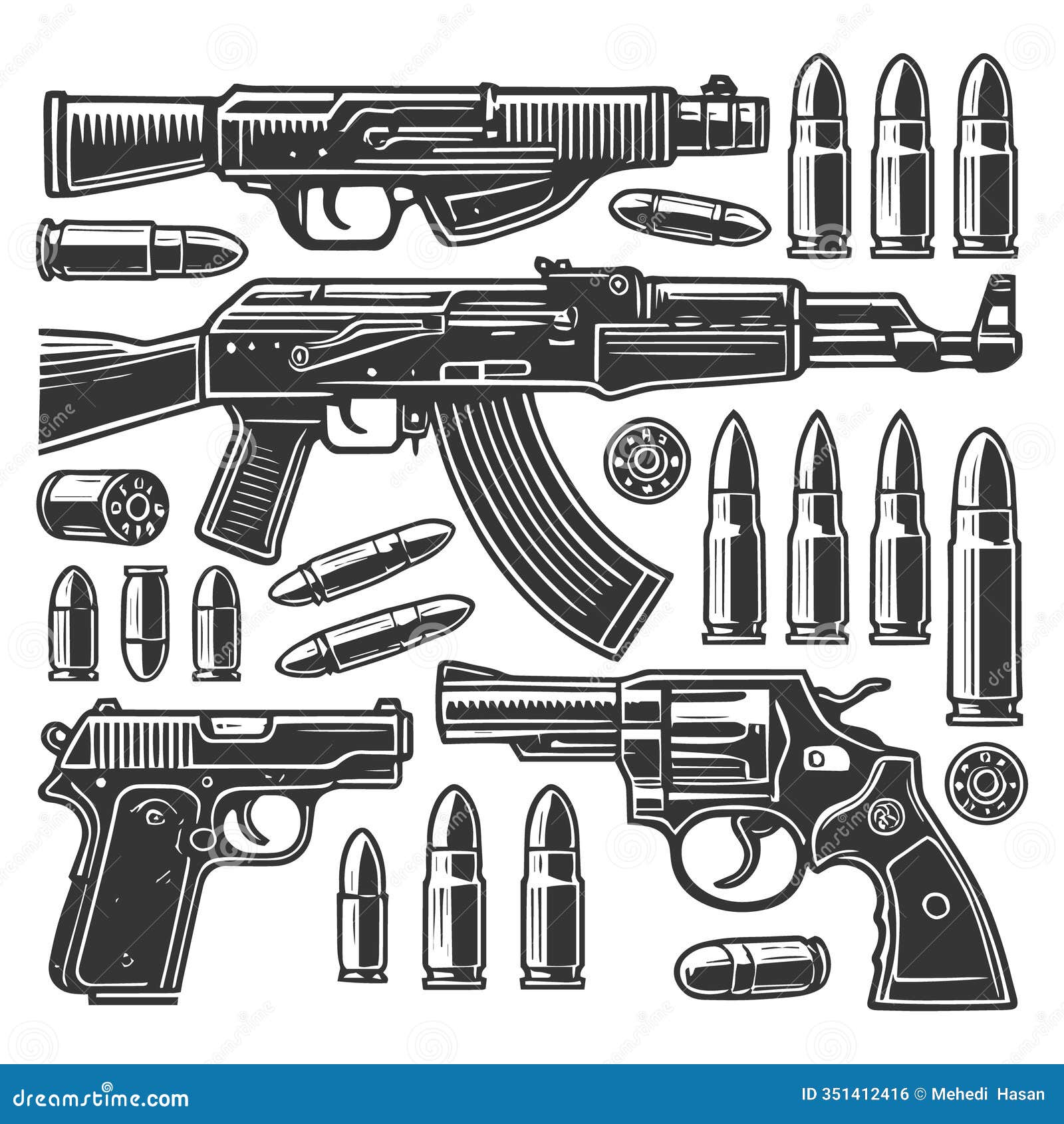 Weapons and Guns Monochrome Set Stock Vector - Illustration of diagram ...