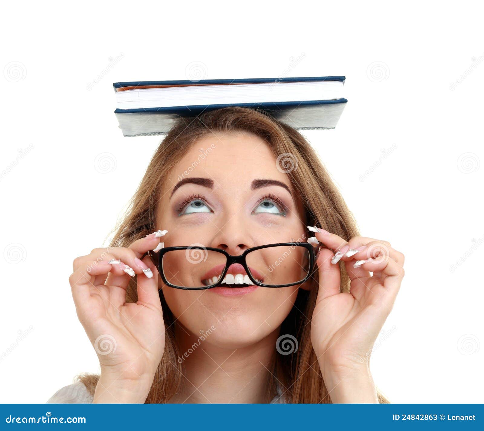 Wearing book on her head stock image. Image of head, green - 24842863