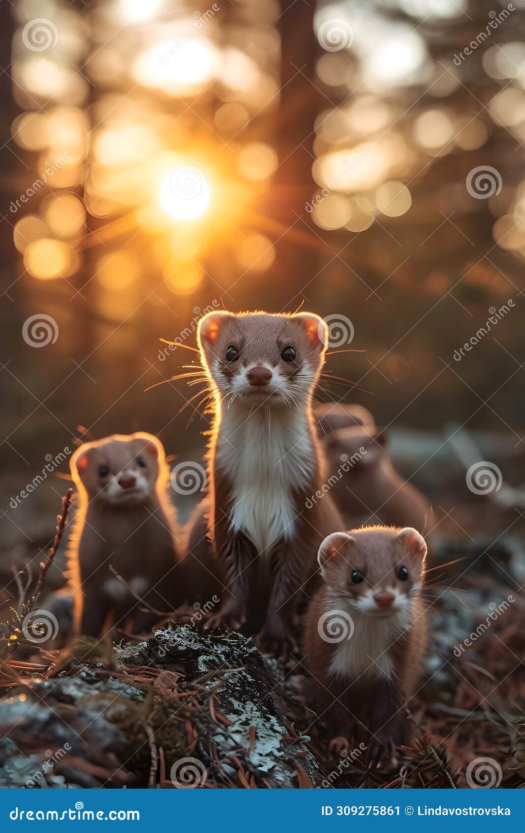 Weasel Family in the Forest with Setting Sun Shining. Stock ...