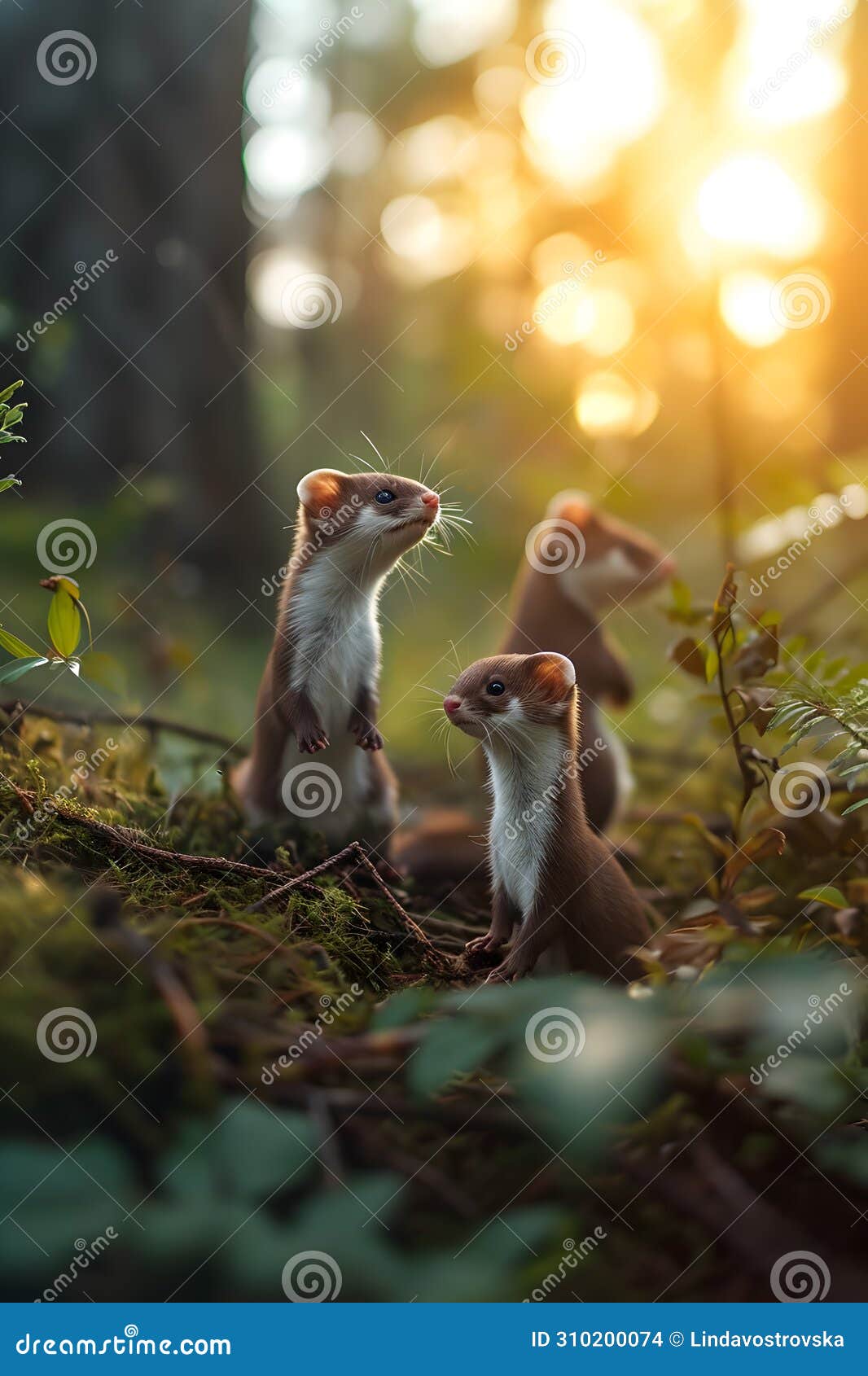 Weasel Family in the Forest with Setting Sun Shining. Stock ...