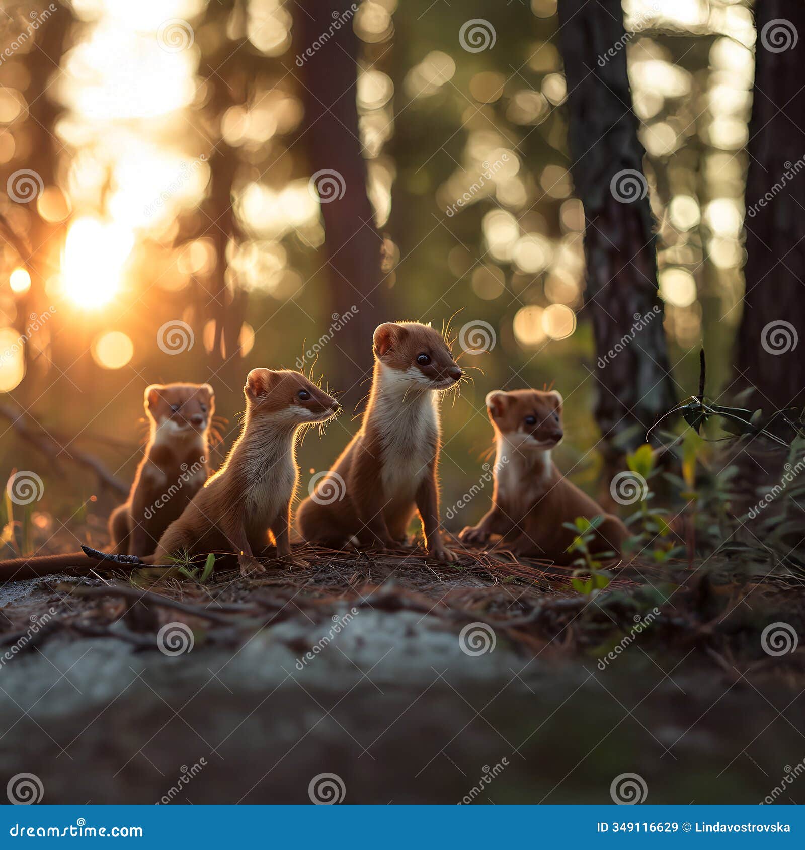 Weasel Family in the Forest with Setting Sun Shining. Stock ...