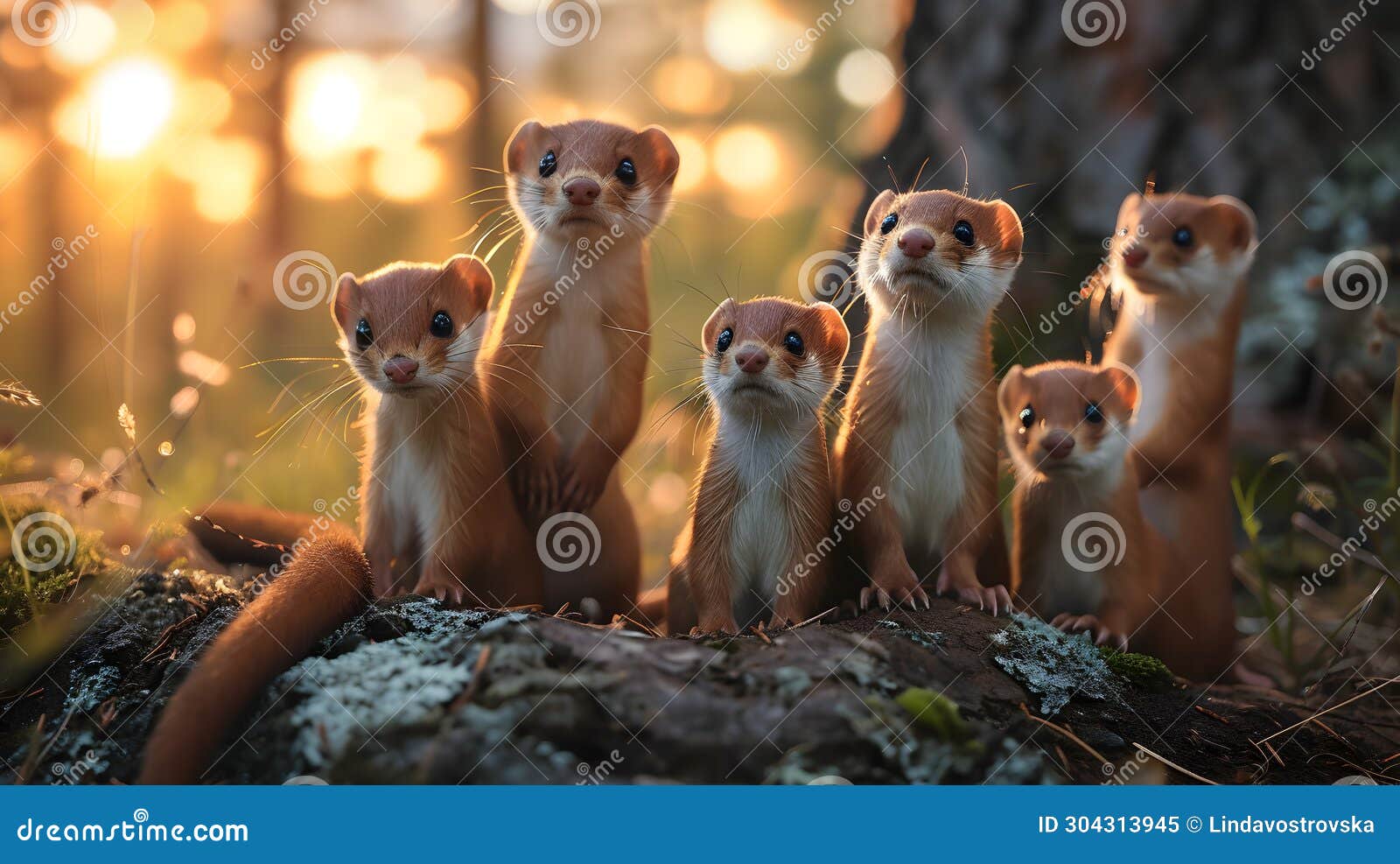 Weasel Family in the Forest with Setting Sun Shining. Stock ...