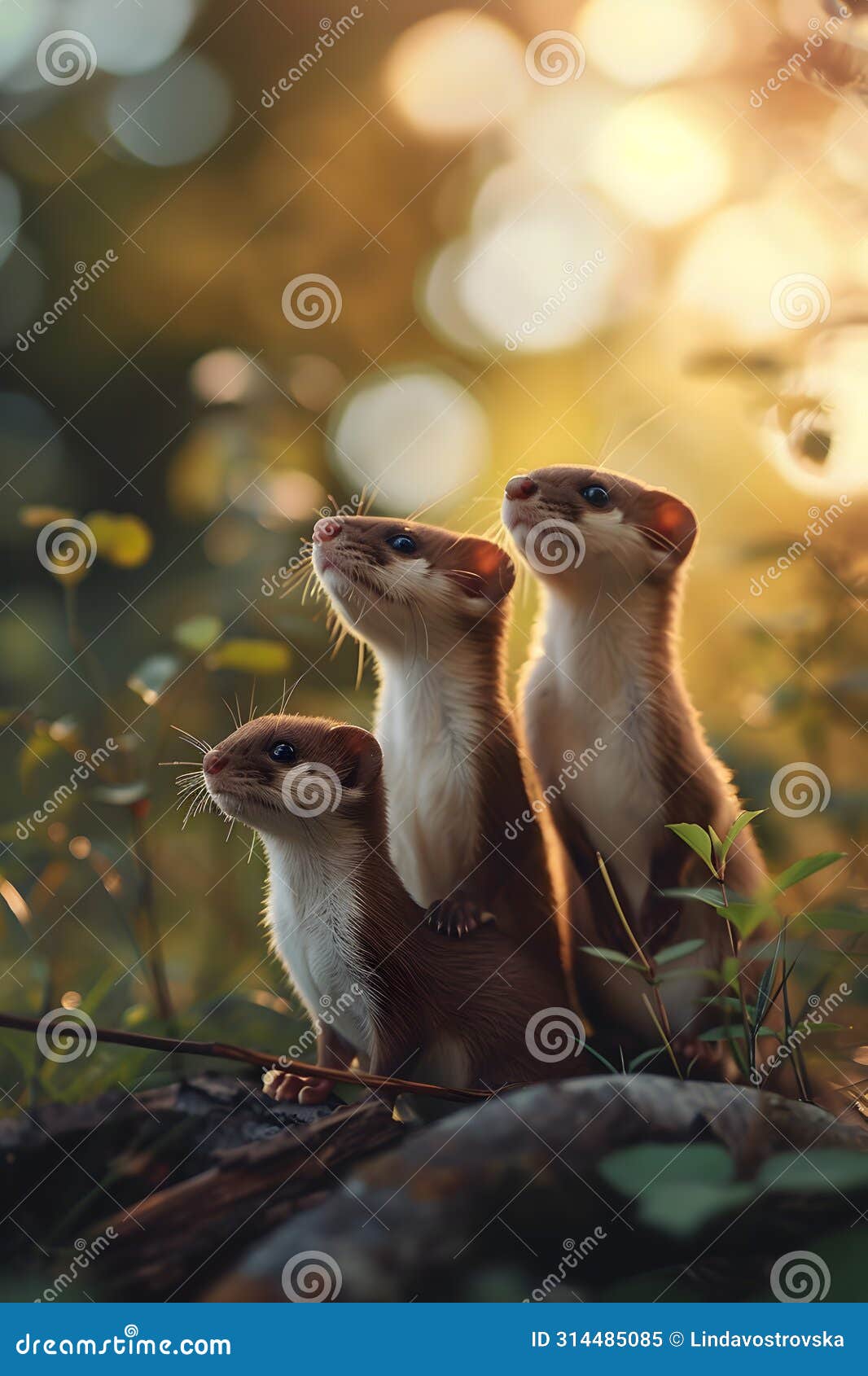 Weasel Family in the Forest with Setting Sun Shining. Stock ...