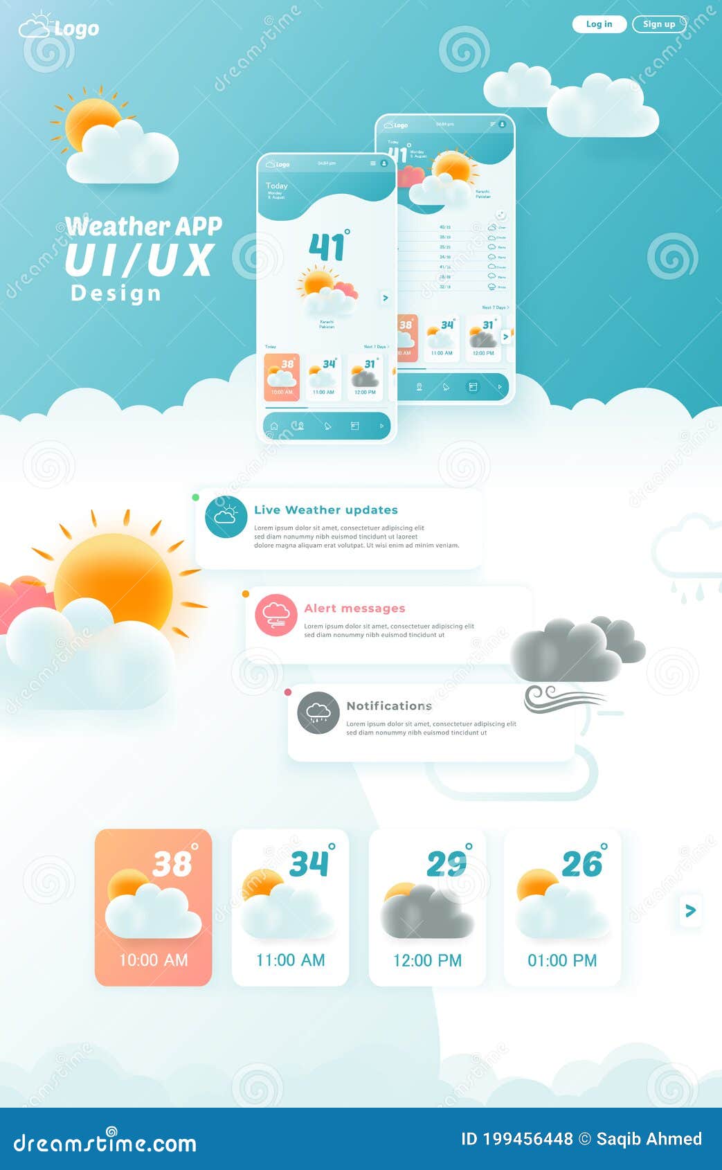 Weather App UI/UX Kit Elements, Website Landing Page Vector Stock ...