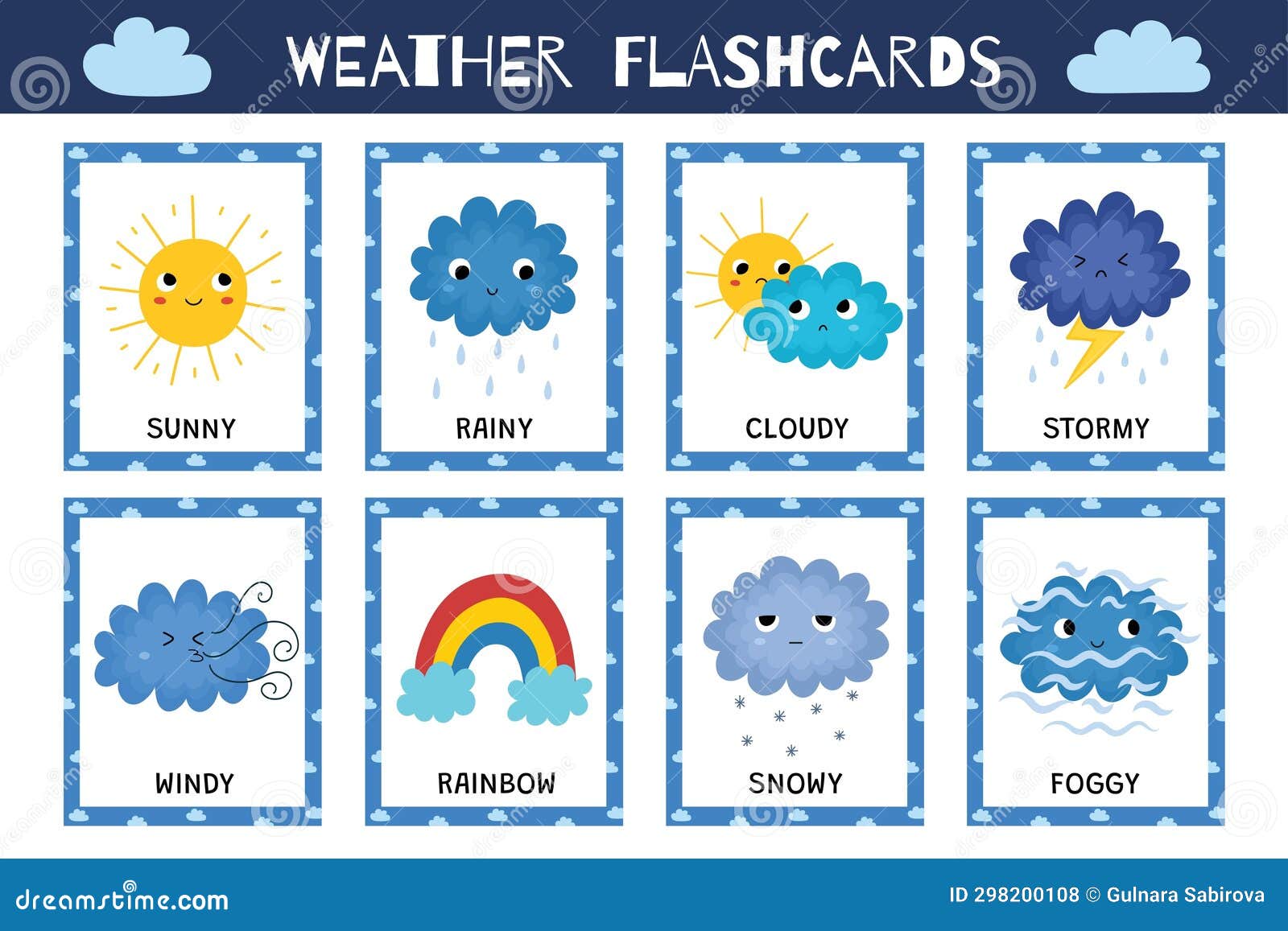 Cute Weather Flashcards Collection. Flash Cards Set with Funny Sun and ... Cute Weather Flashcards Collection. Flash Cards Set with Funny Sun and ...