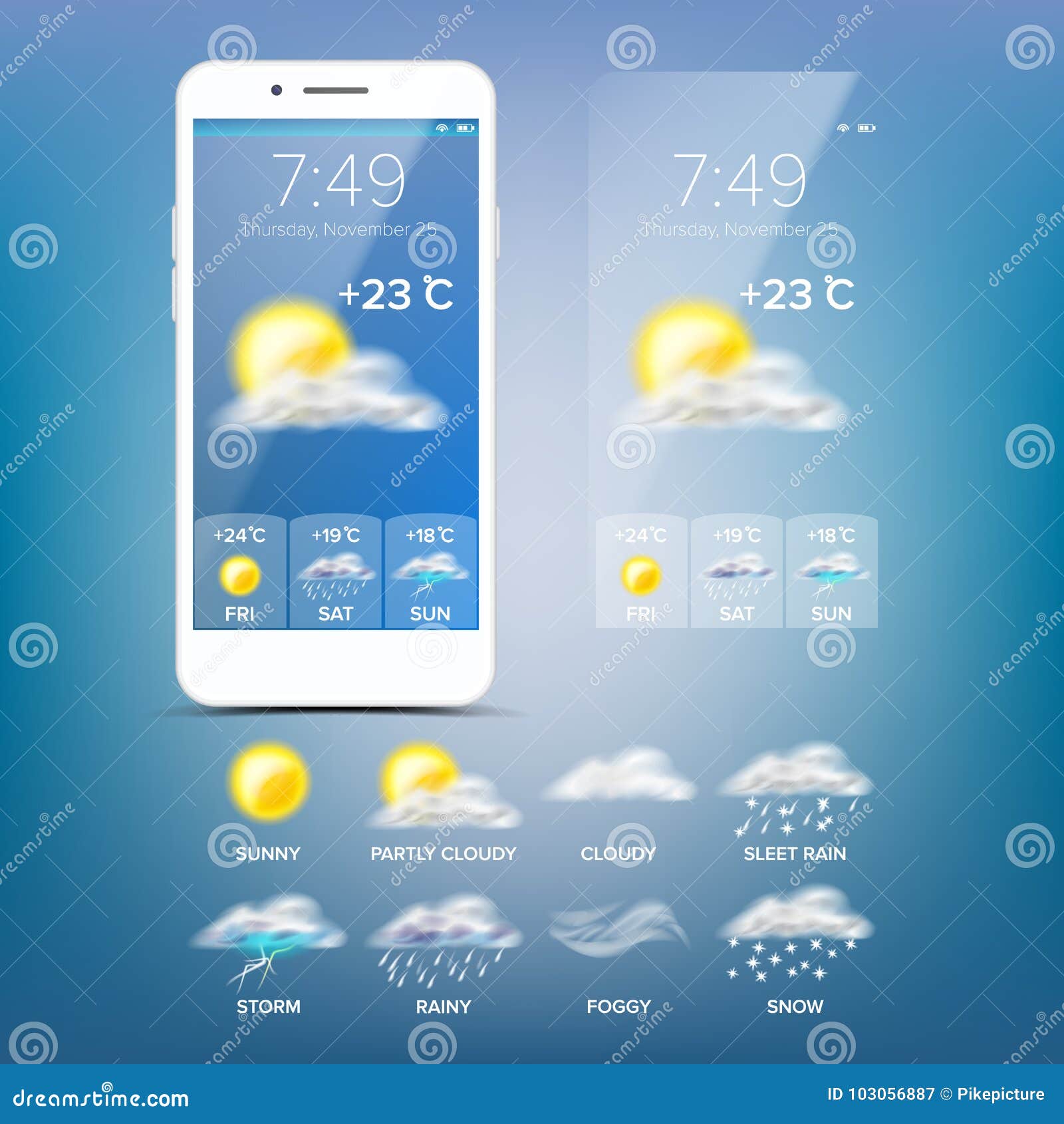 Weather Forecast App Vector. Blue Background. Application of Science ...
