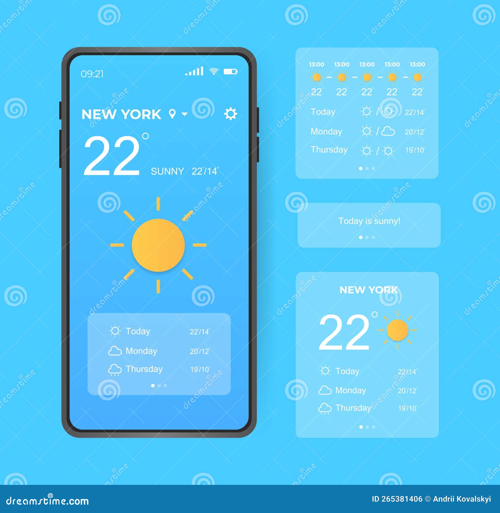 Weather Forecast App Widget Screen Application. UI, UX Elements ...