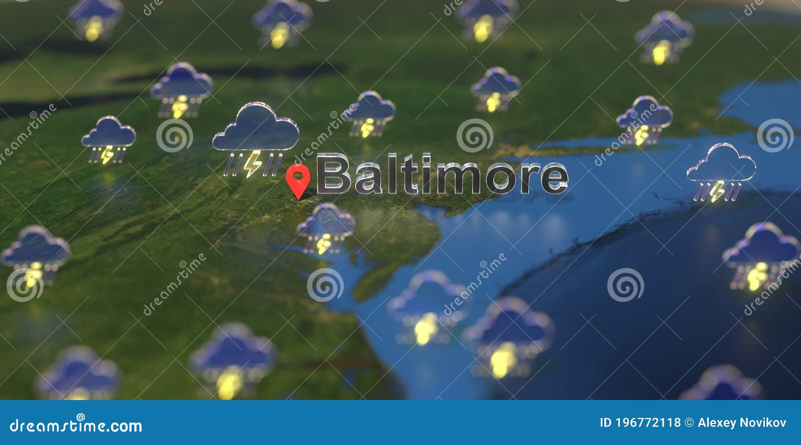 Baltimore City and Stormy Weather Icon on the Map, Weather Forecast ...