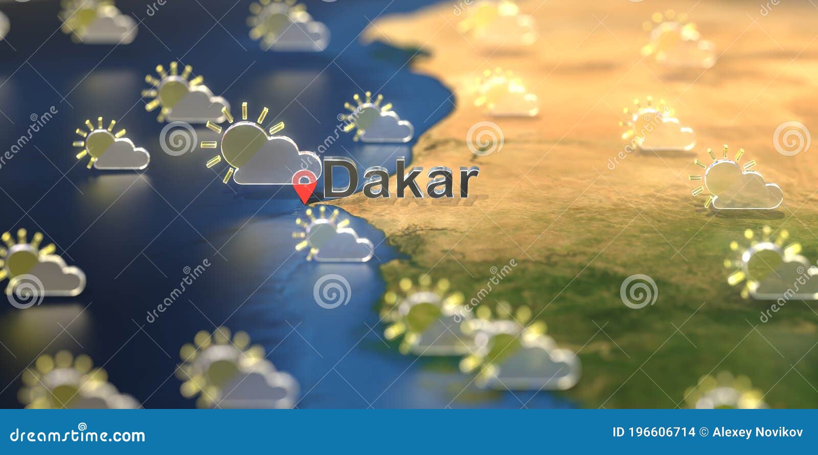 Dakar City and Partly Cloudy Weather Icon on the Map, Weather Forecast Related 3D Rendering ...