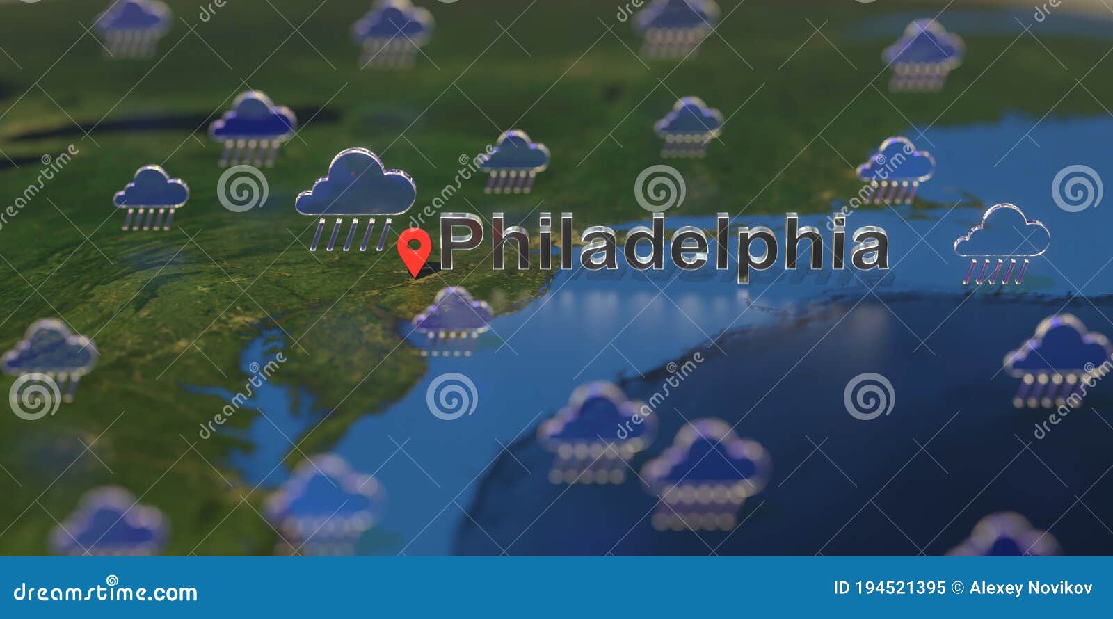 Rainy Weather Icons Near Philadelphia City On The Map Weather Forecast