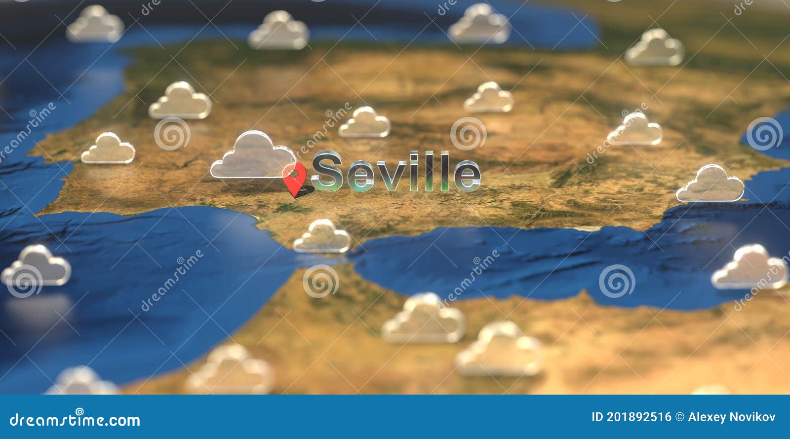 Seville City and Cloudy Weather Icon on the Map, Weather Forecast ...