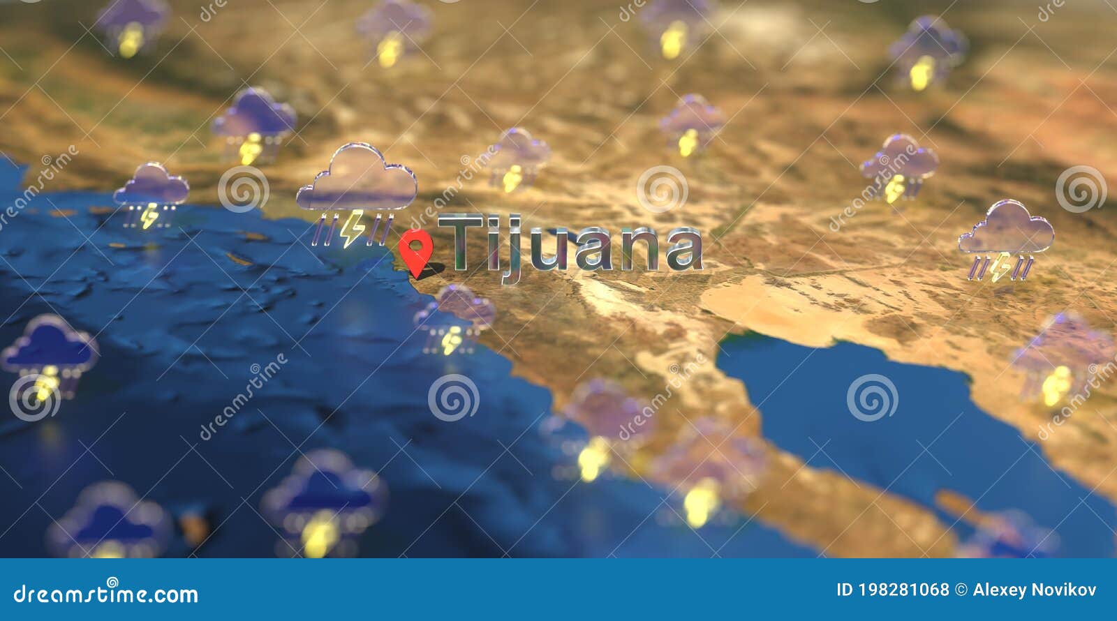 Tijuana City and Stormy Weather Icon on the Map, Weather Forecast ...
