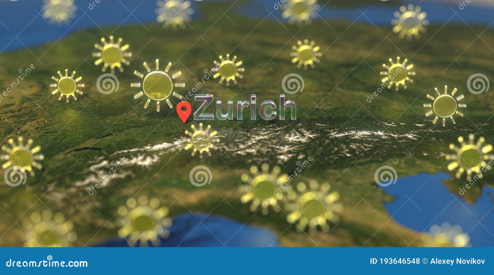 Zurich City and Sunny Weather Icon on the Map, Weather Forecast Related ...
