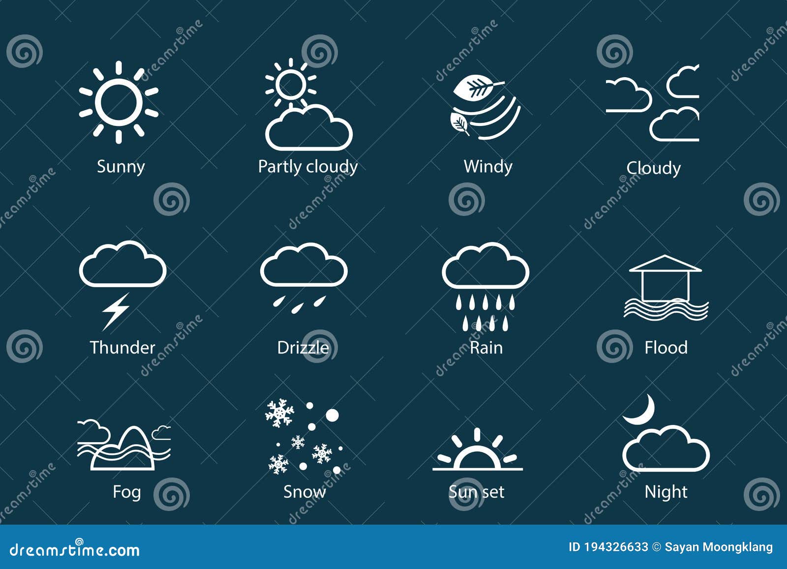 Weather Forecast Icon Set Isolated on Dark Blue Background Stock Vector ...