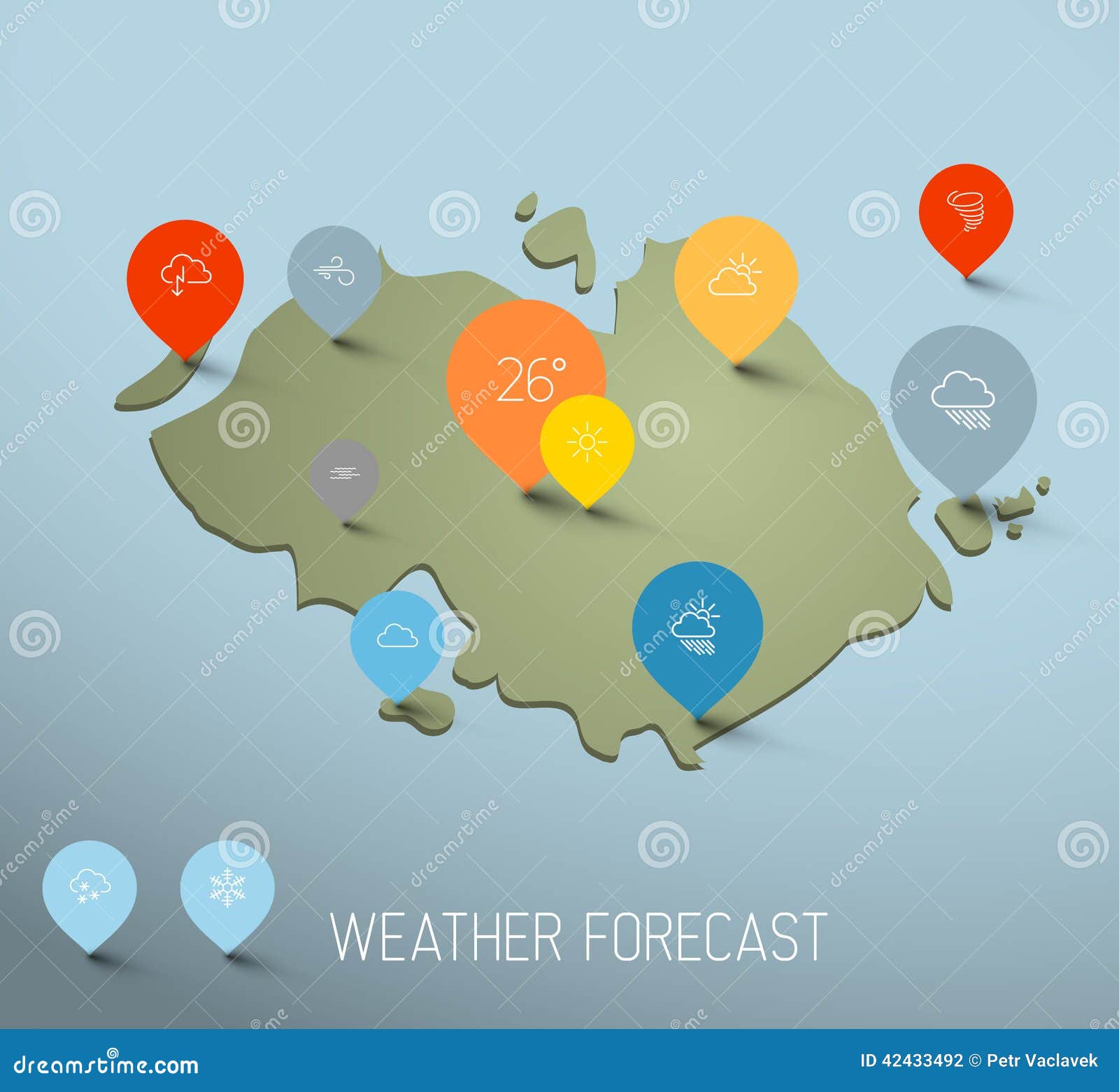 Weather Forecast Map with Flat Pointers and Icons Stock Illustration ...