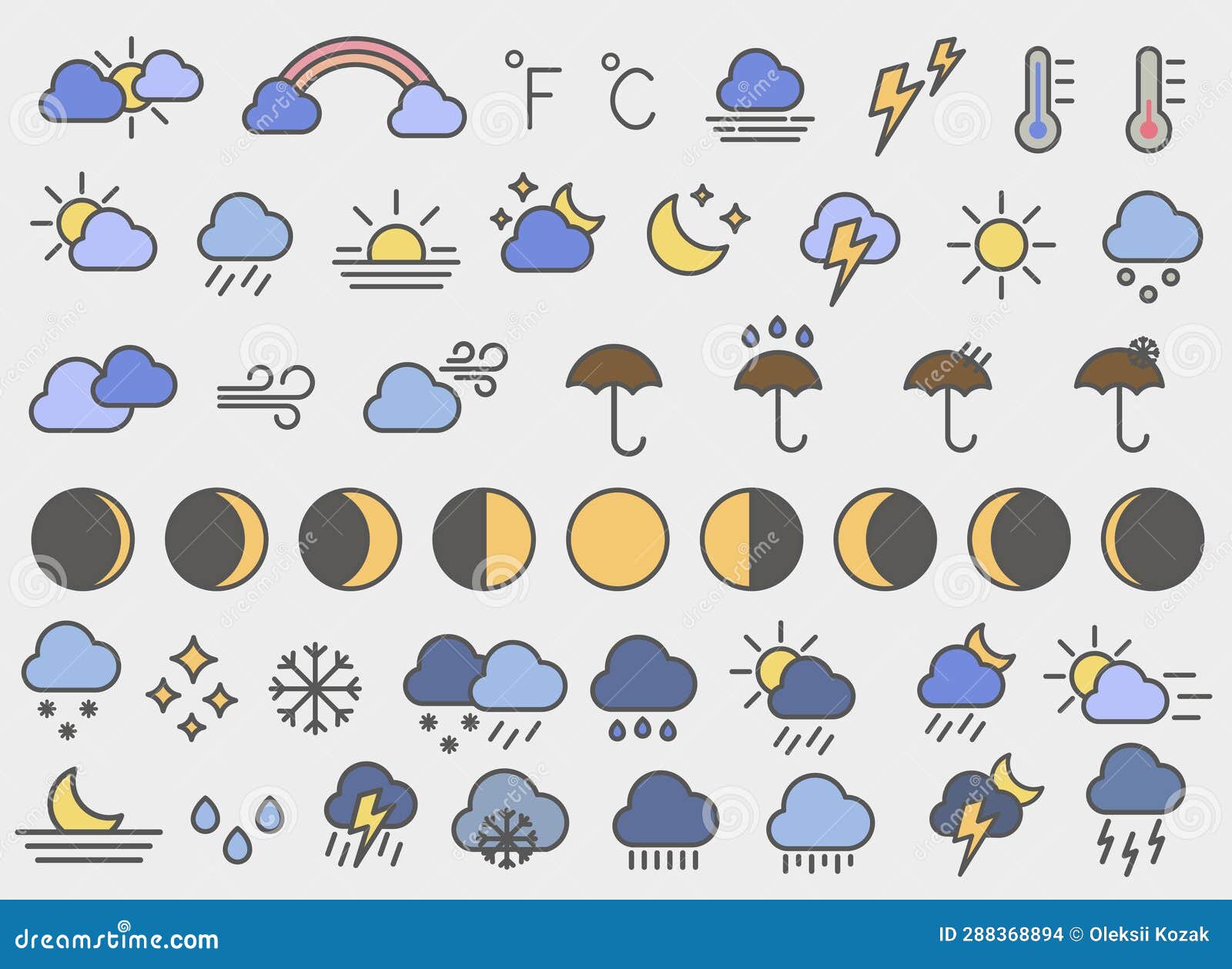 Weather Forecast. Set of Colored Bright Weather Icons with Stroke ...