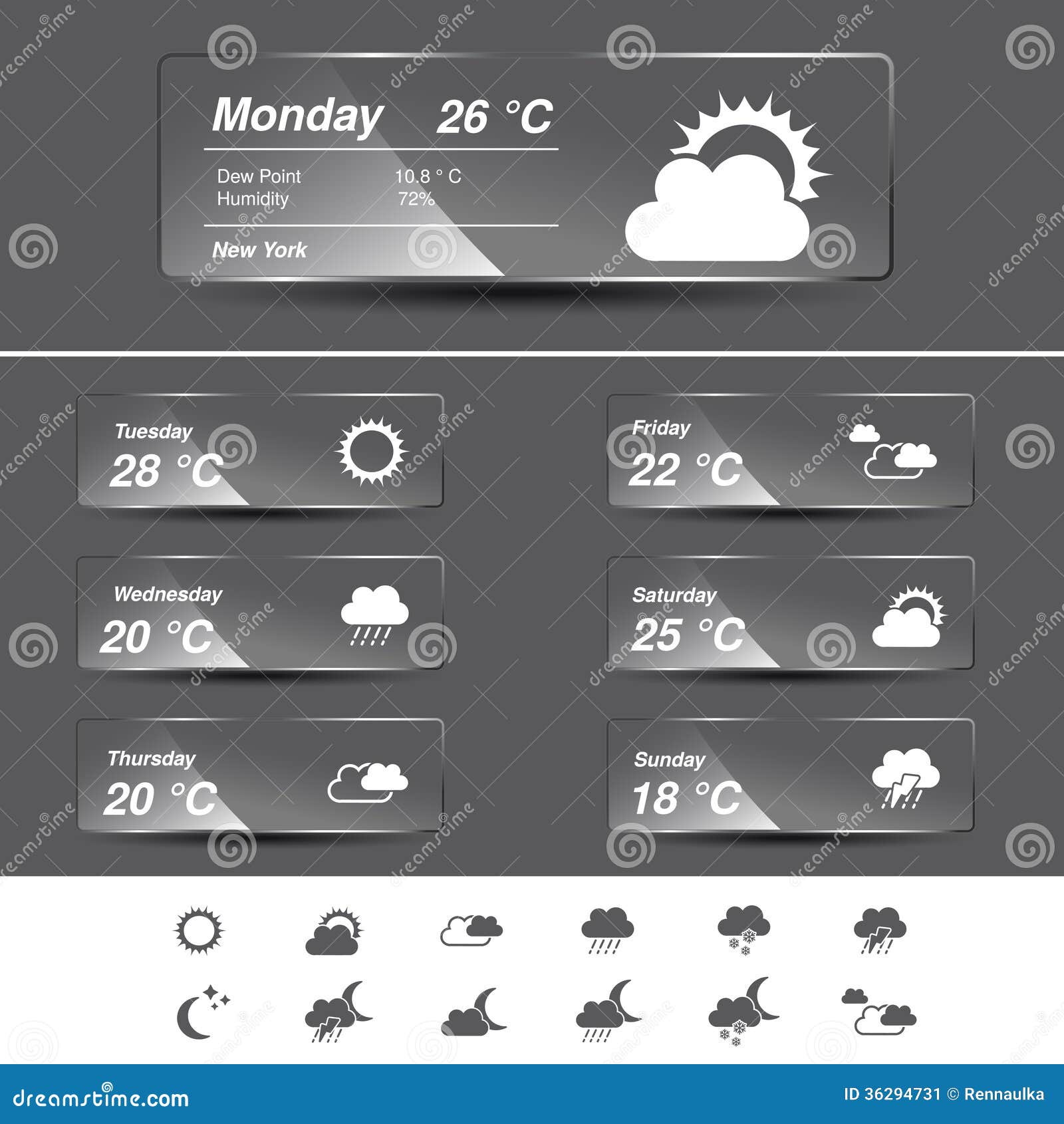 Weather Forecast, Widget, Glass Banners And Symbols Cartoon Vector ...