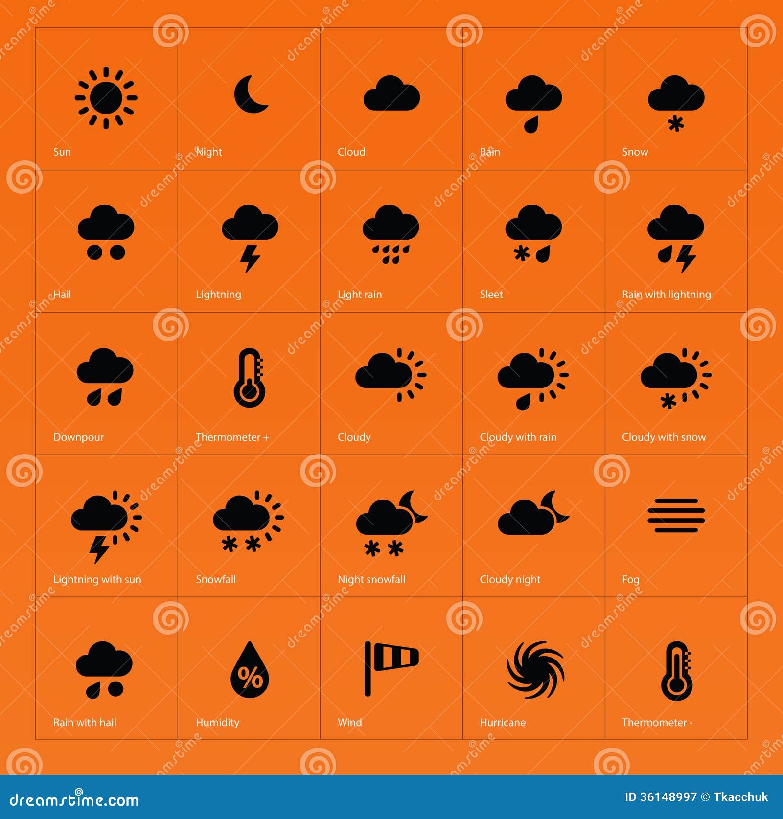 Weather Icons on Orange Background. Stock Vector - Illustration of ...