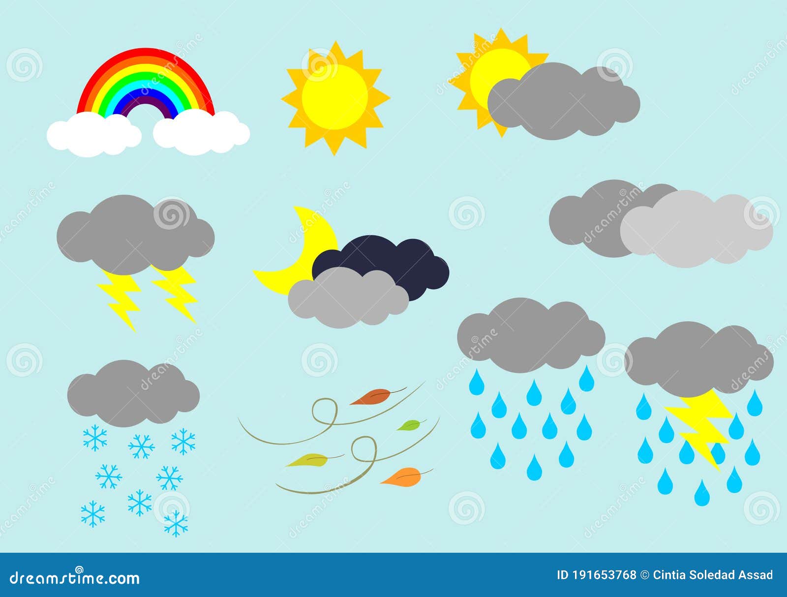 Weather Icons Set. Flat Vector Symbols on Light Blue Background Stock ...