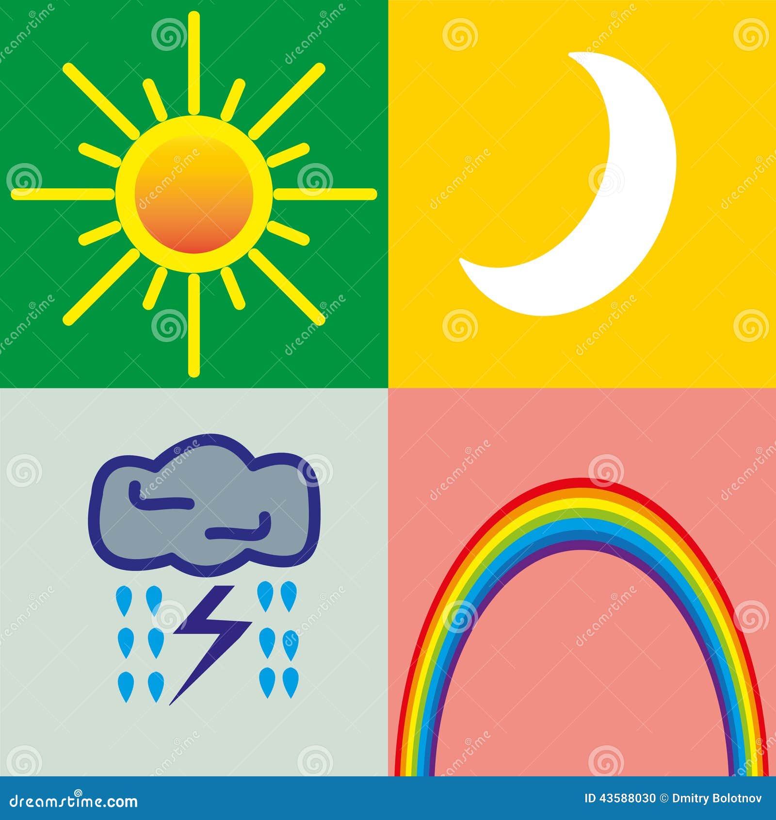 4 Weather Icons - Sun, Moon, Storm, Rainbow Stock Vector - Illustration ...