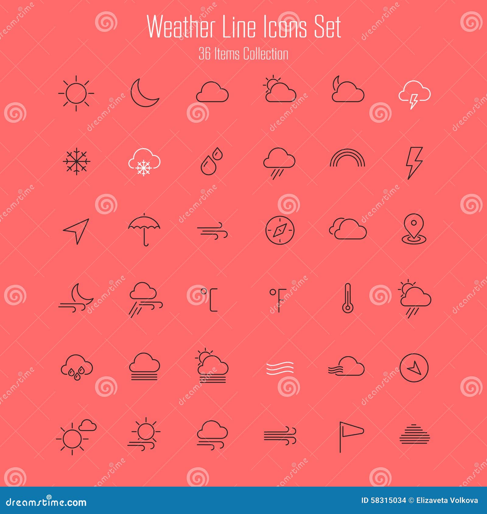 Weather Line Icons Set. Sun, Rain, Thunder Storm, Dew, Wind, Snow Cloud ...