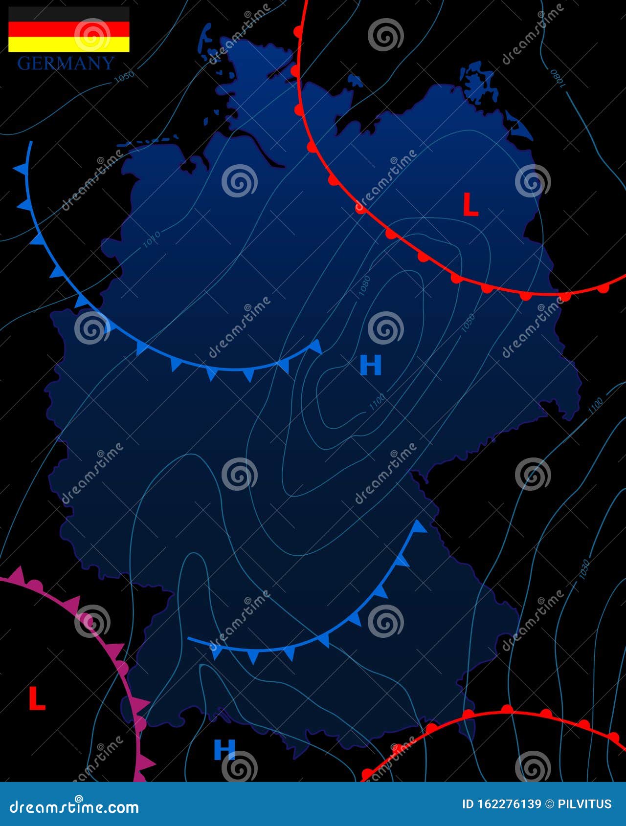 Weather Map Of The Germany. Meteorological Forecast On A Dark ...